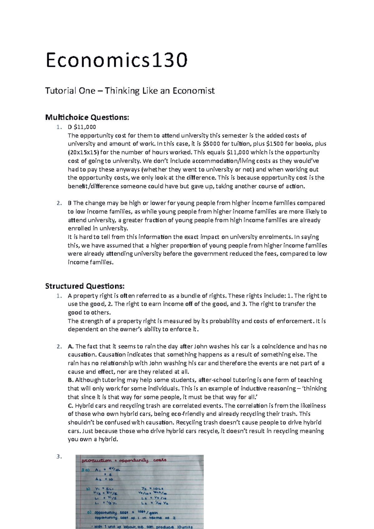 ECON130 tut 1 - tut 1 - Economics Tutorial One – Thinking Like an Economist Multichoice ...