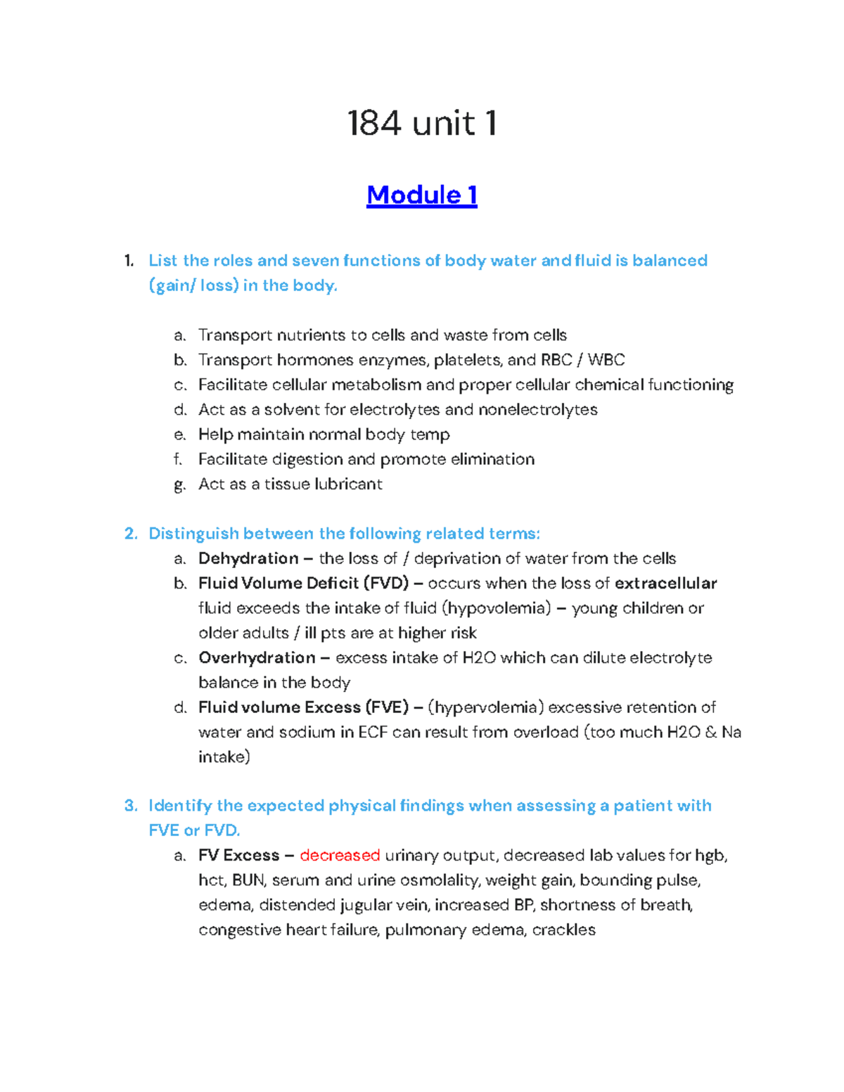 Foundations of Fluid and Chemical Balance - 184 unit 1 Module 1 List ...