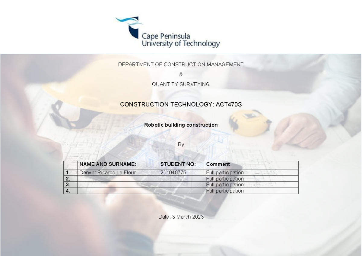 Assignment 1 - Construction Management - DEPARTMENT OF CONSTRUCTION ...