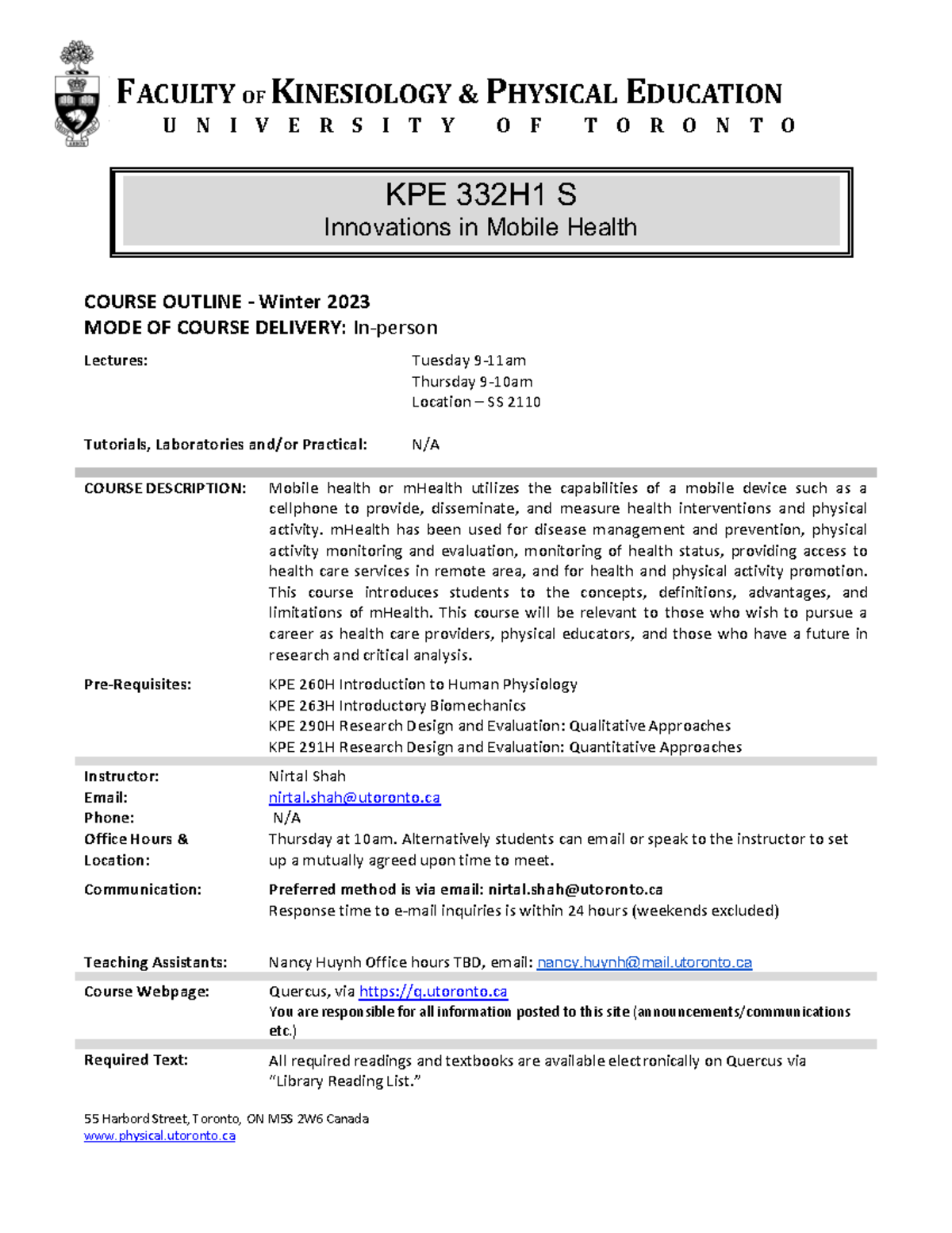 January 2023 KPE 332 Course Outline - 55 Harbord Street, Toronto, ON ...