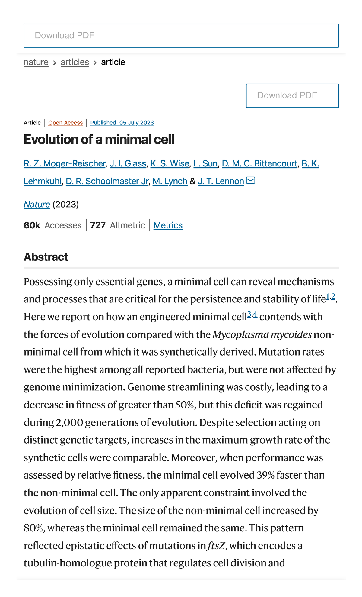 Evolution of a minimal cell Nature - BIOEE 1780 - Cornell - Studocu