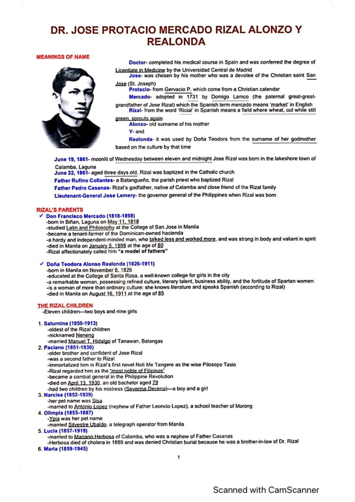 LIFE AND WORK OF Rizal Reviewer - DR. JOSE PROTACIO MERCADO RIZAL ...