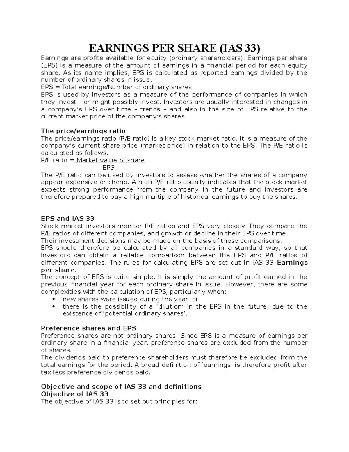 Earnings PER Share(IAS 33) - EARNINGS PER SHARE (IAS 33) Earnings are ...