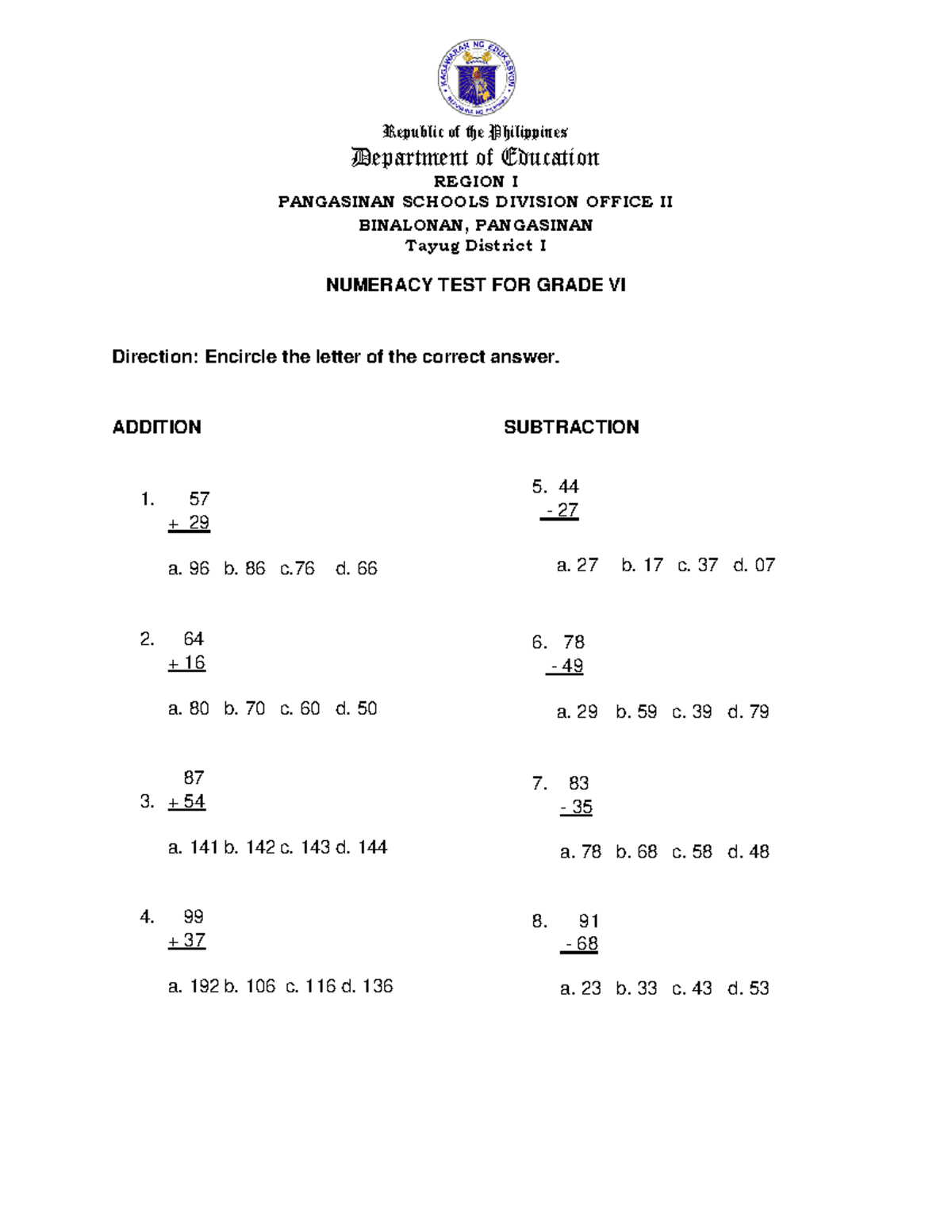 Numeracy TEST Grade 6 - Republic of the Philippines Department of ...