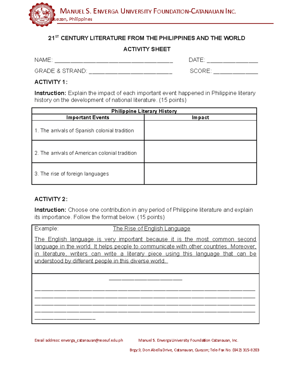 Activity Sheet FOR 21ST Century - 21 ST CENTURY LITERATURE FROM THE ...