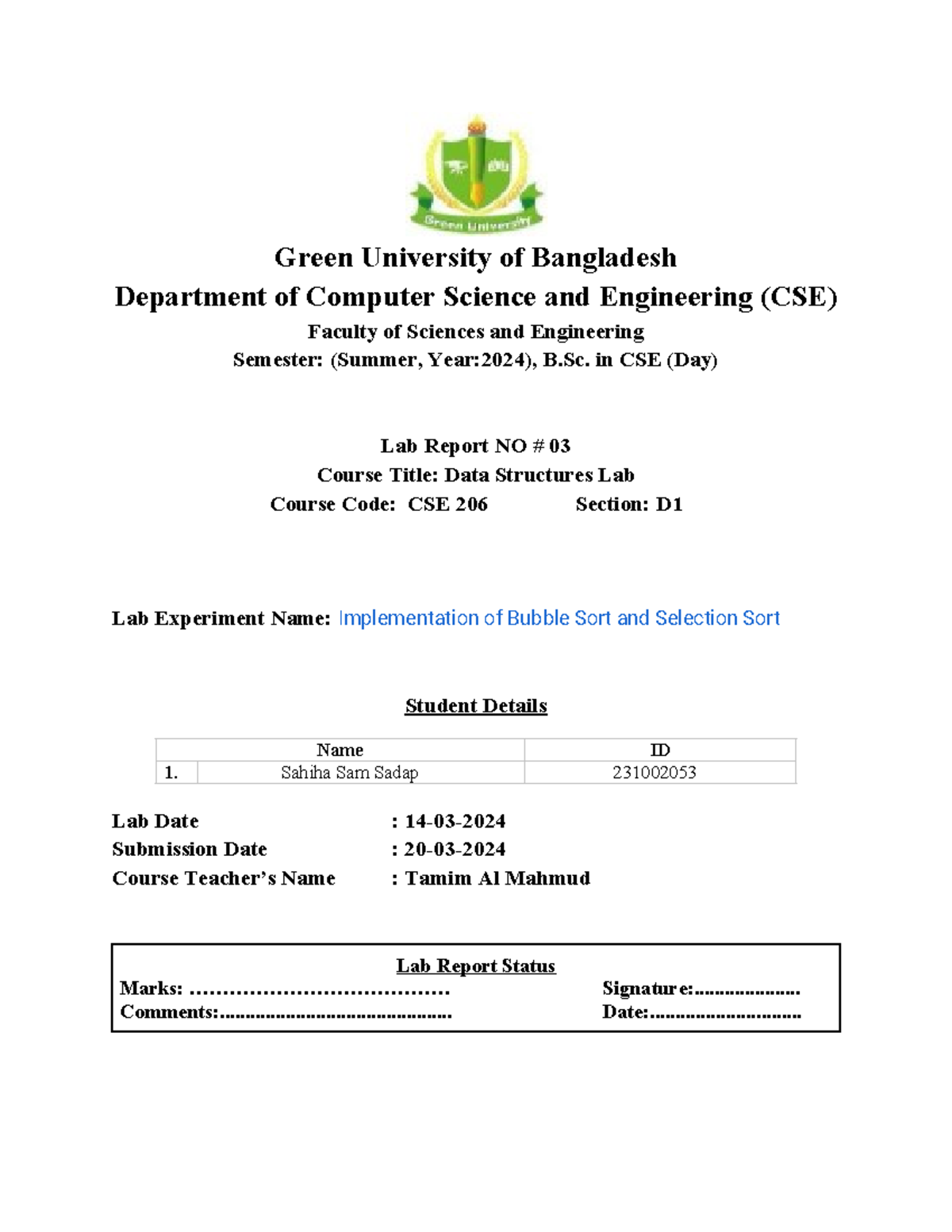 Lab Report Template - Green University of Bangladesh Department of Computer Science and ...