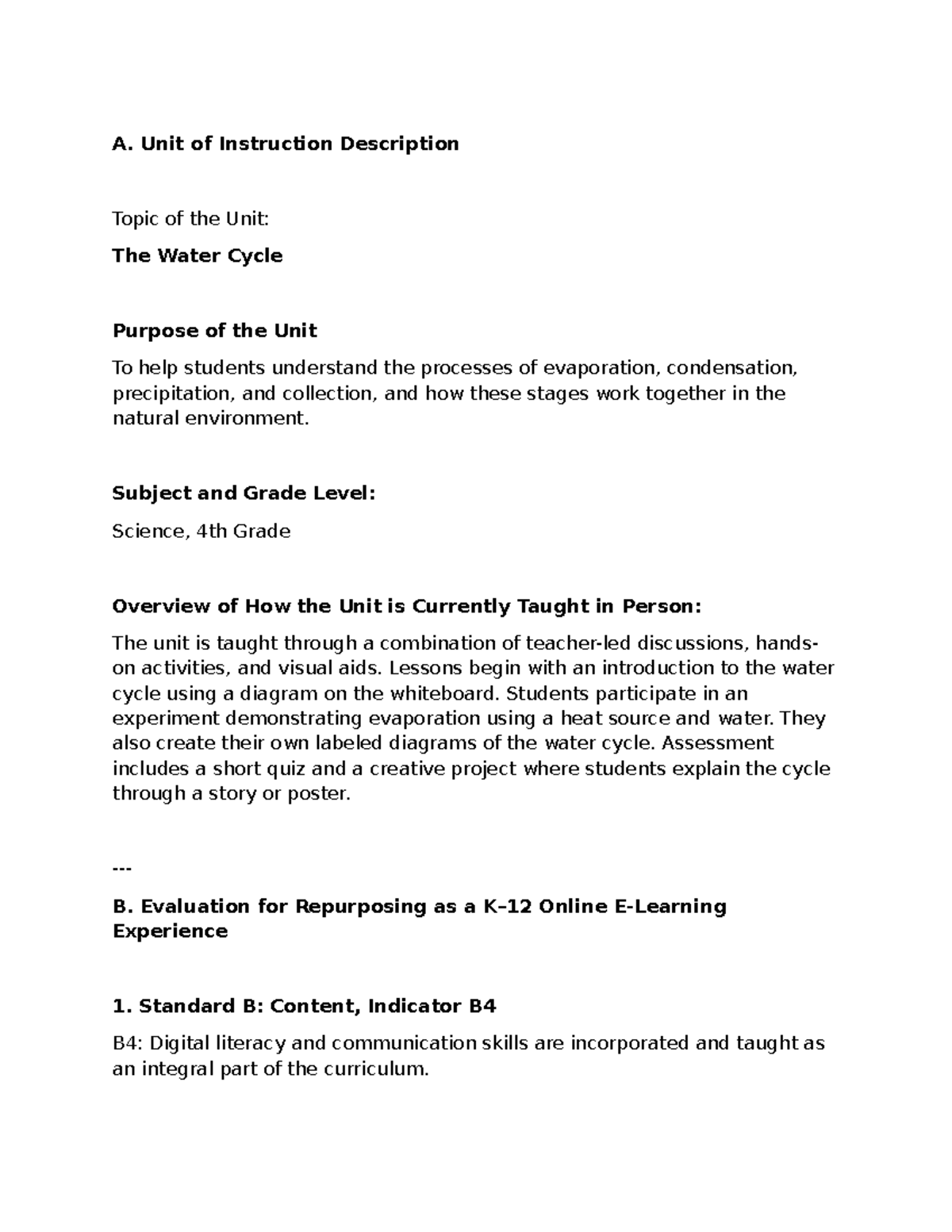 Task 2 D296 - D296 task2 - A. Unit of Instruction Description Topic of ...