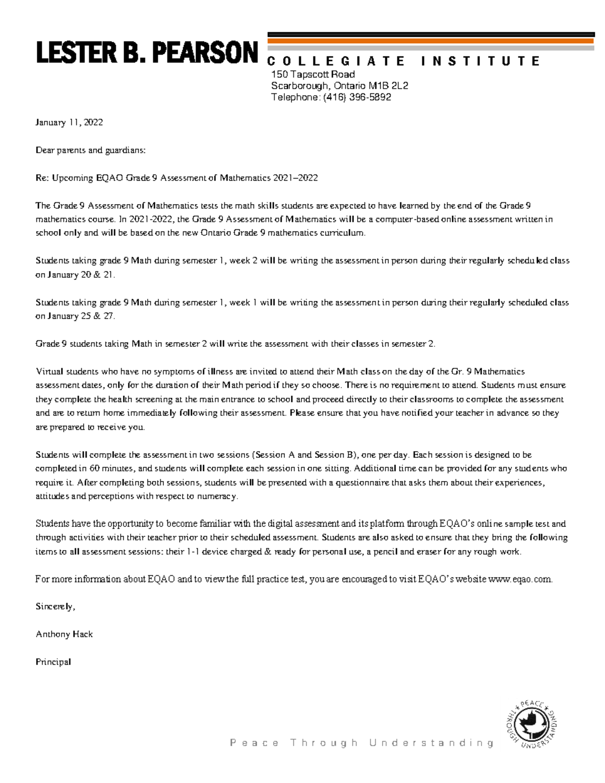 EQAO Math Letter to Parents for the 2021 - LESTER B. PEARSON C O L L E ...