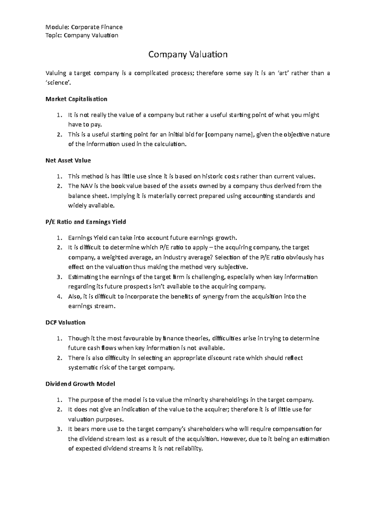 Company Valuation - Summary corporate finance - Module: Corporate ...