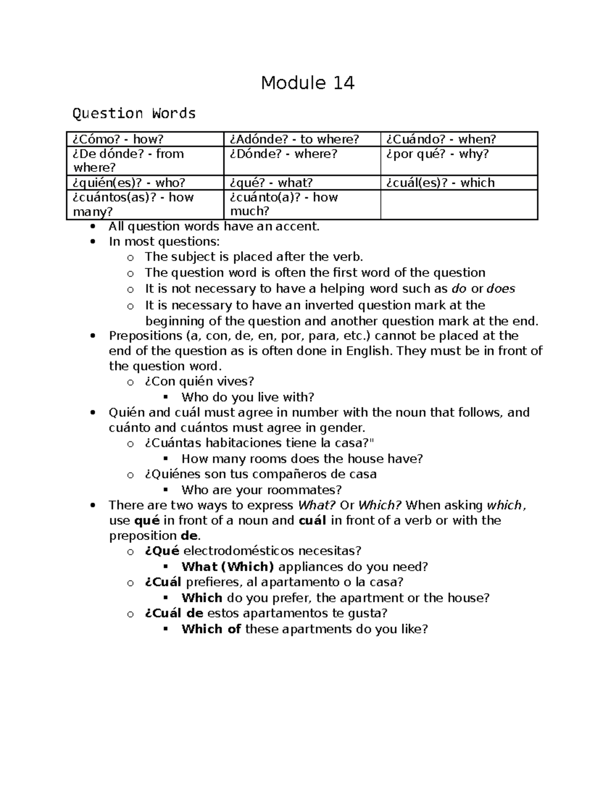 FL107 Mod 14 - Question words, stem-changing verbs: e to ie, e to i ...