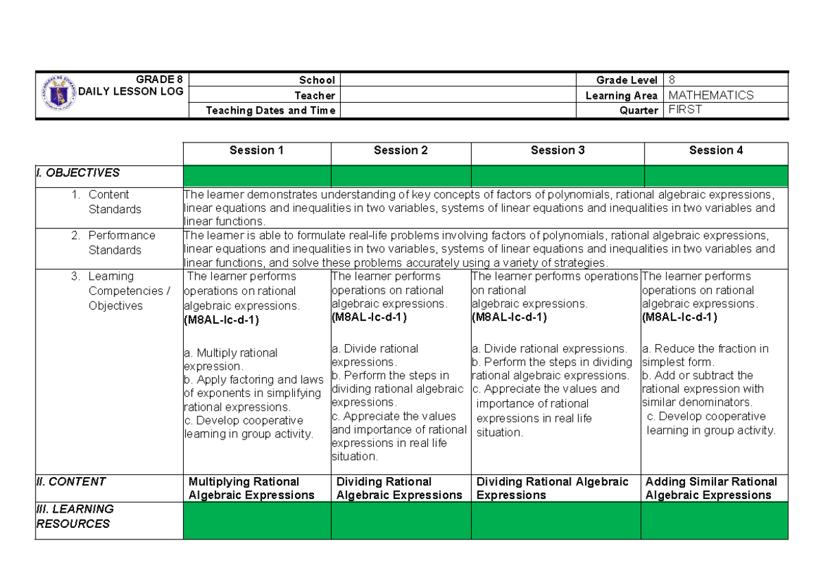 G8DLL Q1W4 LC05A - eyy - GRADE 8 DAILY LESSON LOG School Grade Level 8 ...