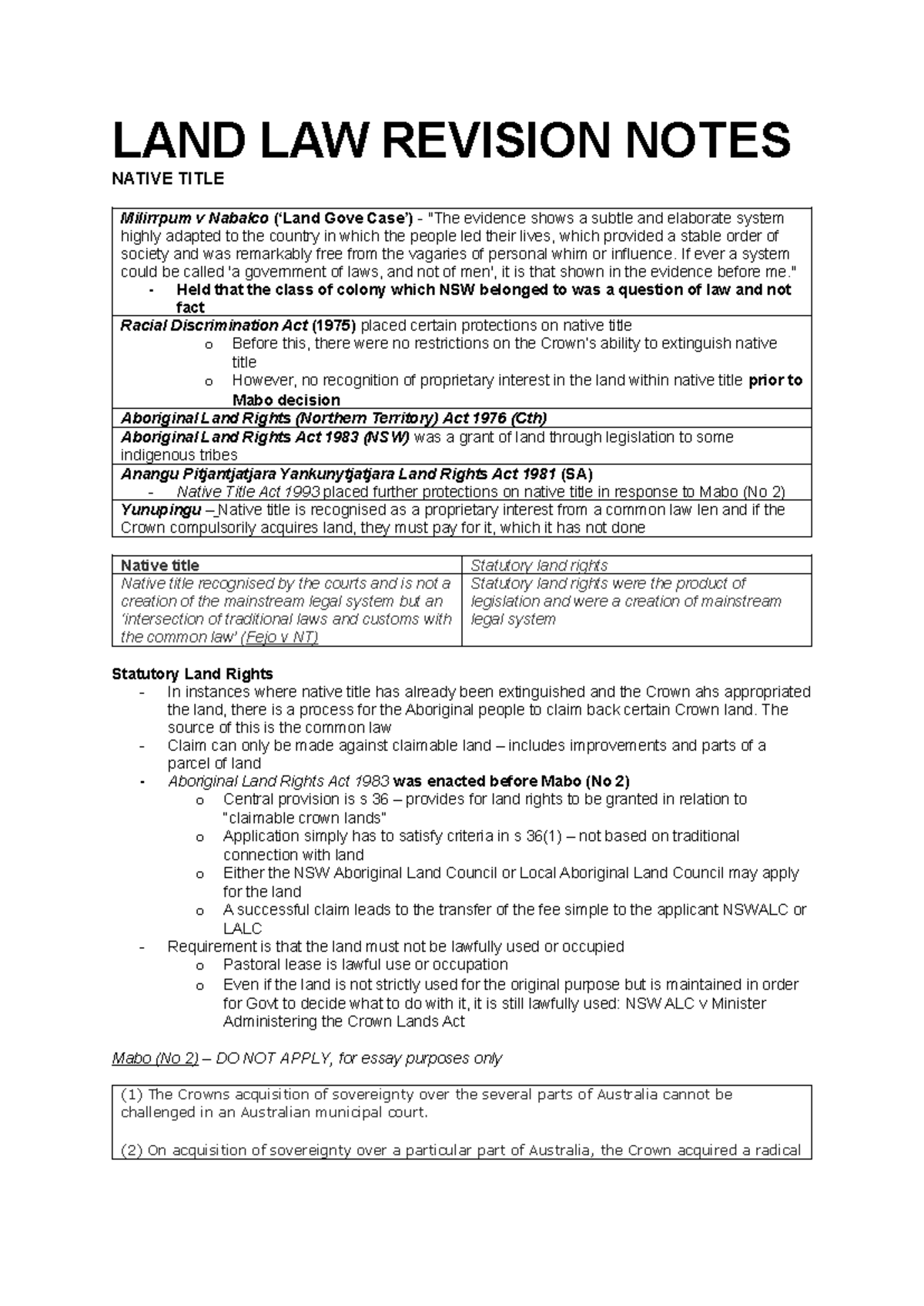 LAND LAW Revision Notes - LAND LAW REVISION NOTES NATIVE TITLE ...