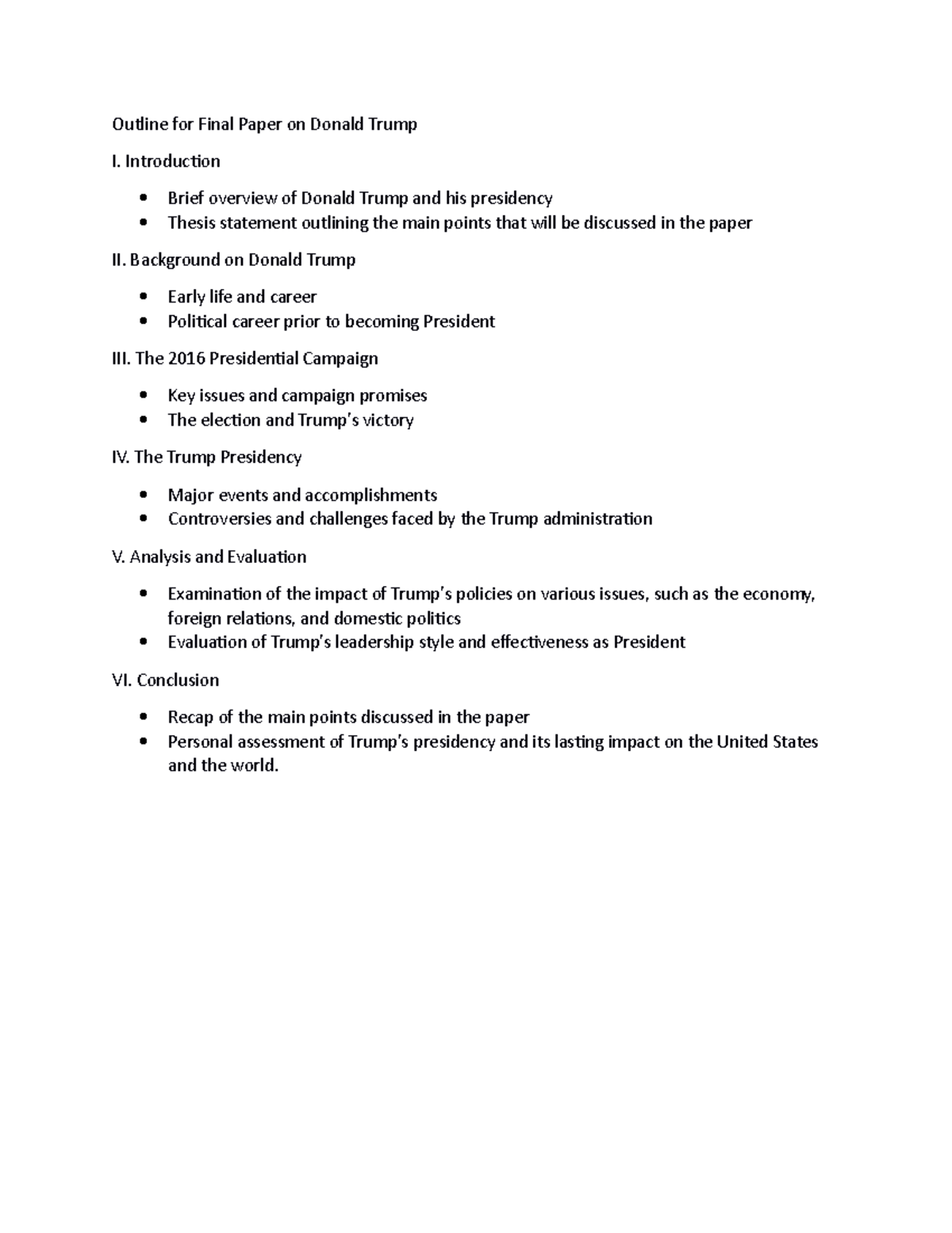 Outline for Final Paper on Donald Trump - Introduction Brief overview ...