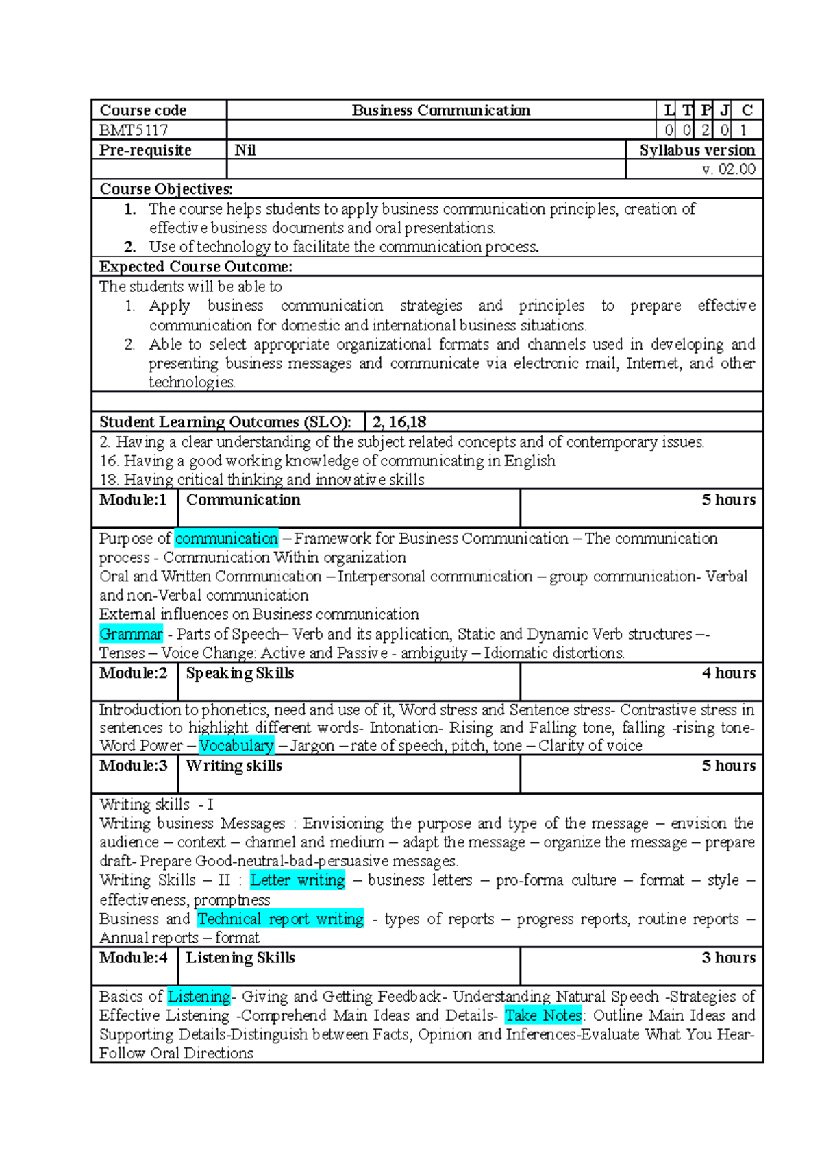 BMT5117 BC Syllabus - VIT Business school Business communication ...