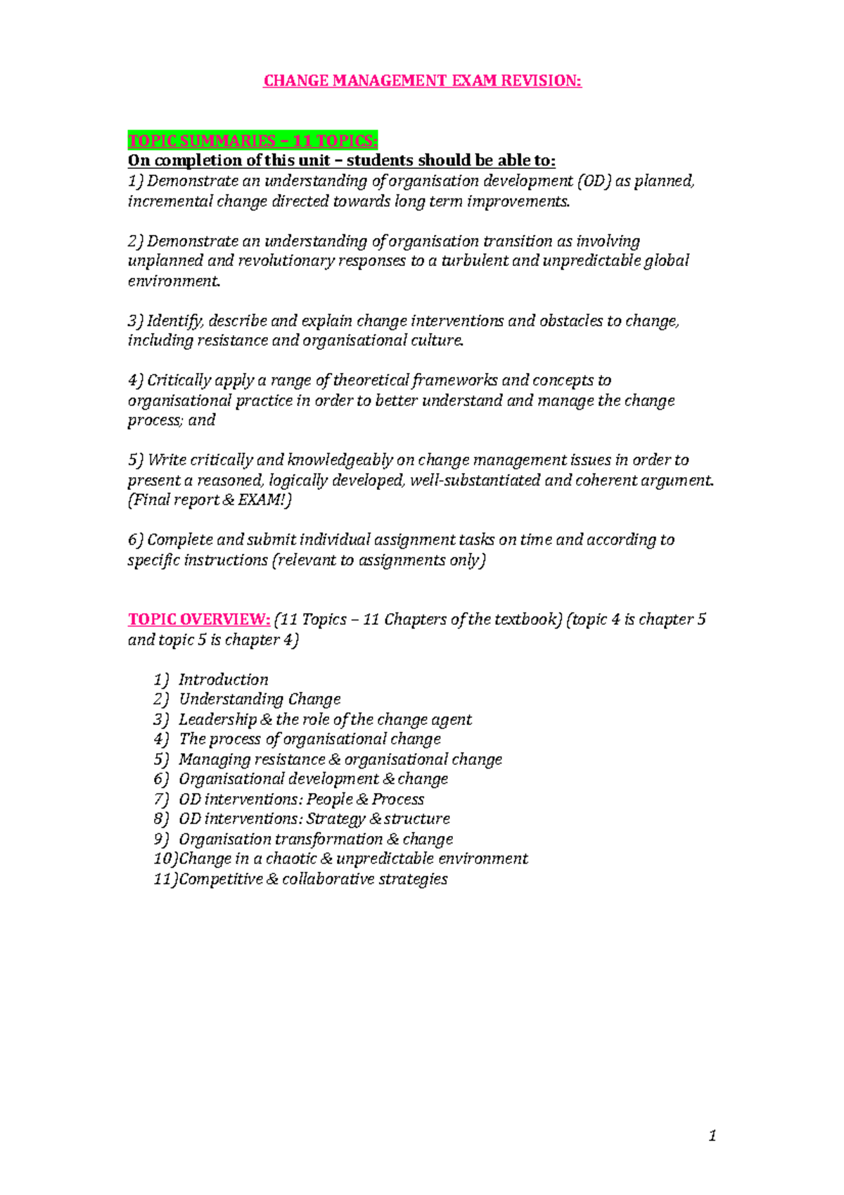 Summary - lecture 1-10, complete - CHANGE MANAGEMENT EXAM REVISION ...