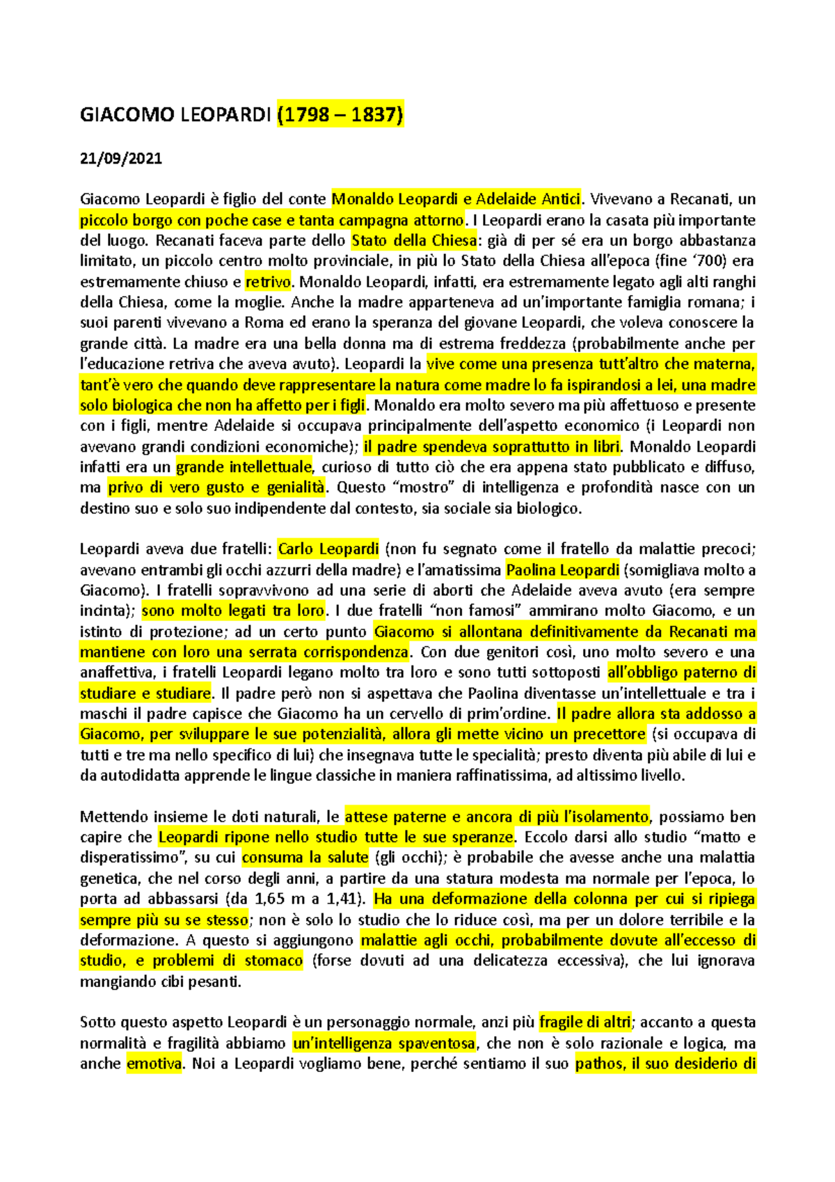 Giacomo Leopardi - appunti quinta liceo - GIACOMO LEOPARDI (1798 – 1837 ...