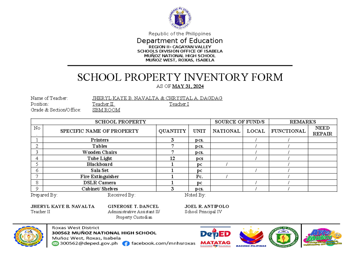 Inventory-FORM - Inventory form for materials in school. - Republic of ...