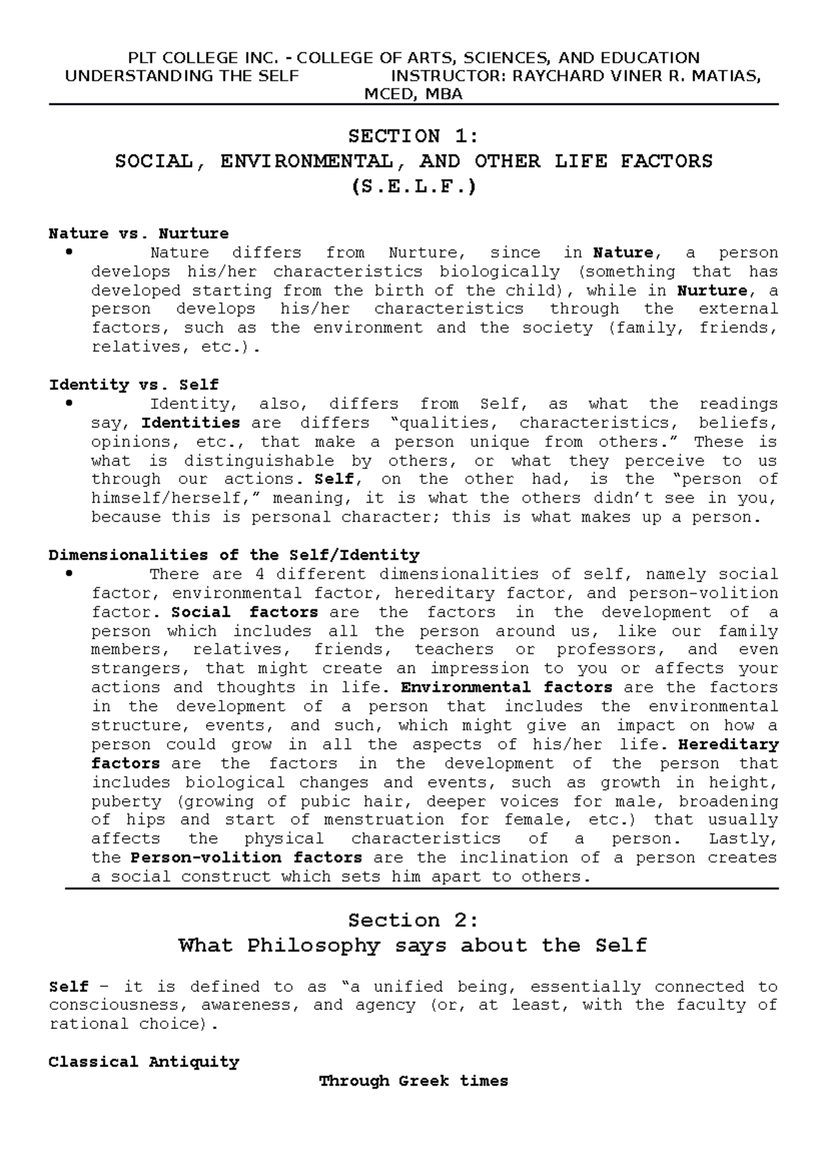 UTS Module 1 - Lecture notes 1 - UNDERSTANDING THE SELF INSTRUCTOR ...