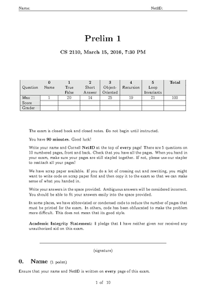 CS2110 Fall 2014 Prelim 1 - Prelim 1 CS2110, October 2, 2014, 5:30 PM 1 ...