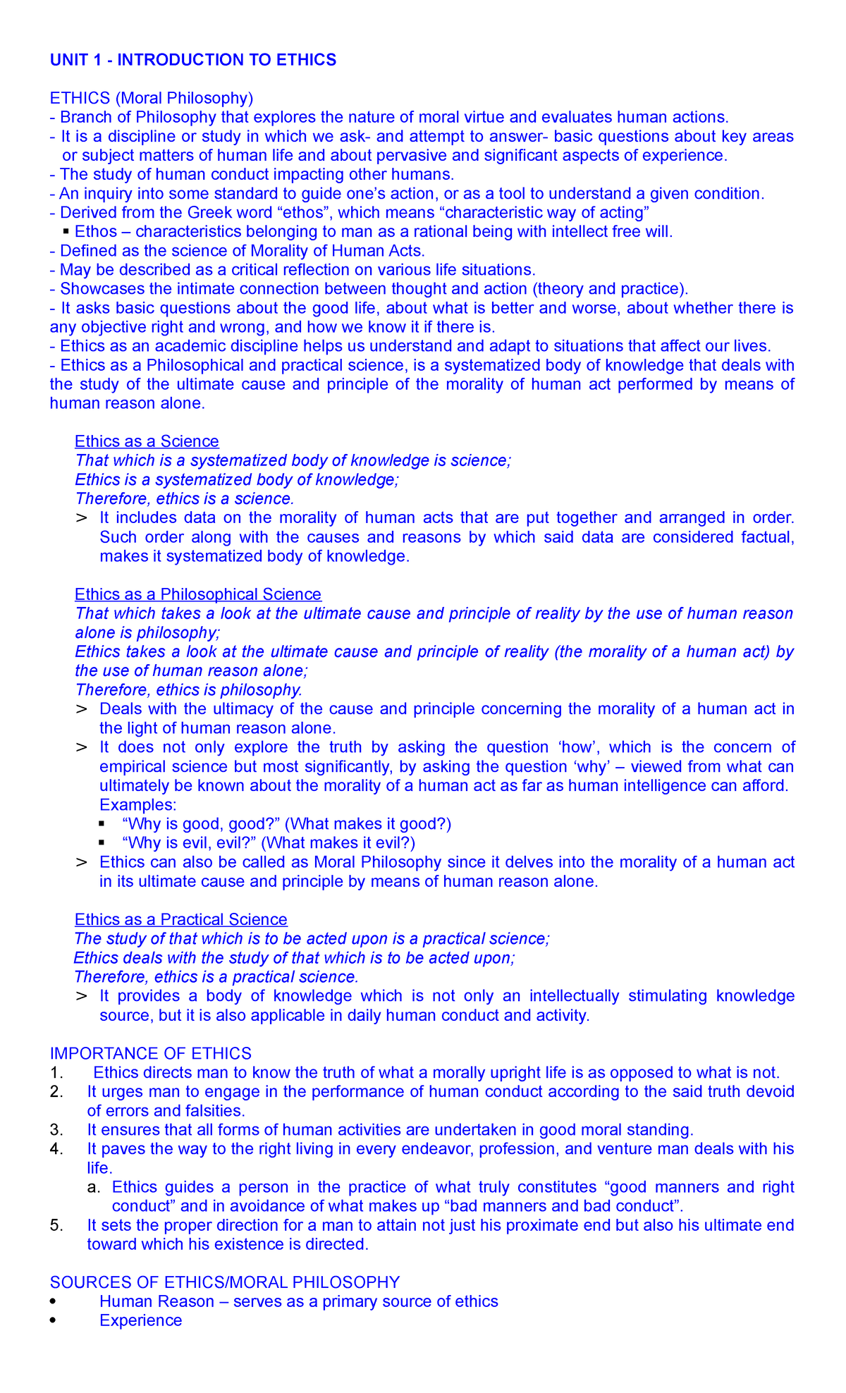 UNIT 1 - Introduction TO Ethics, a study in ethics - UNIT 1 ...