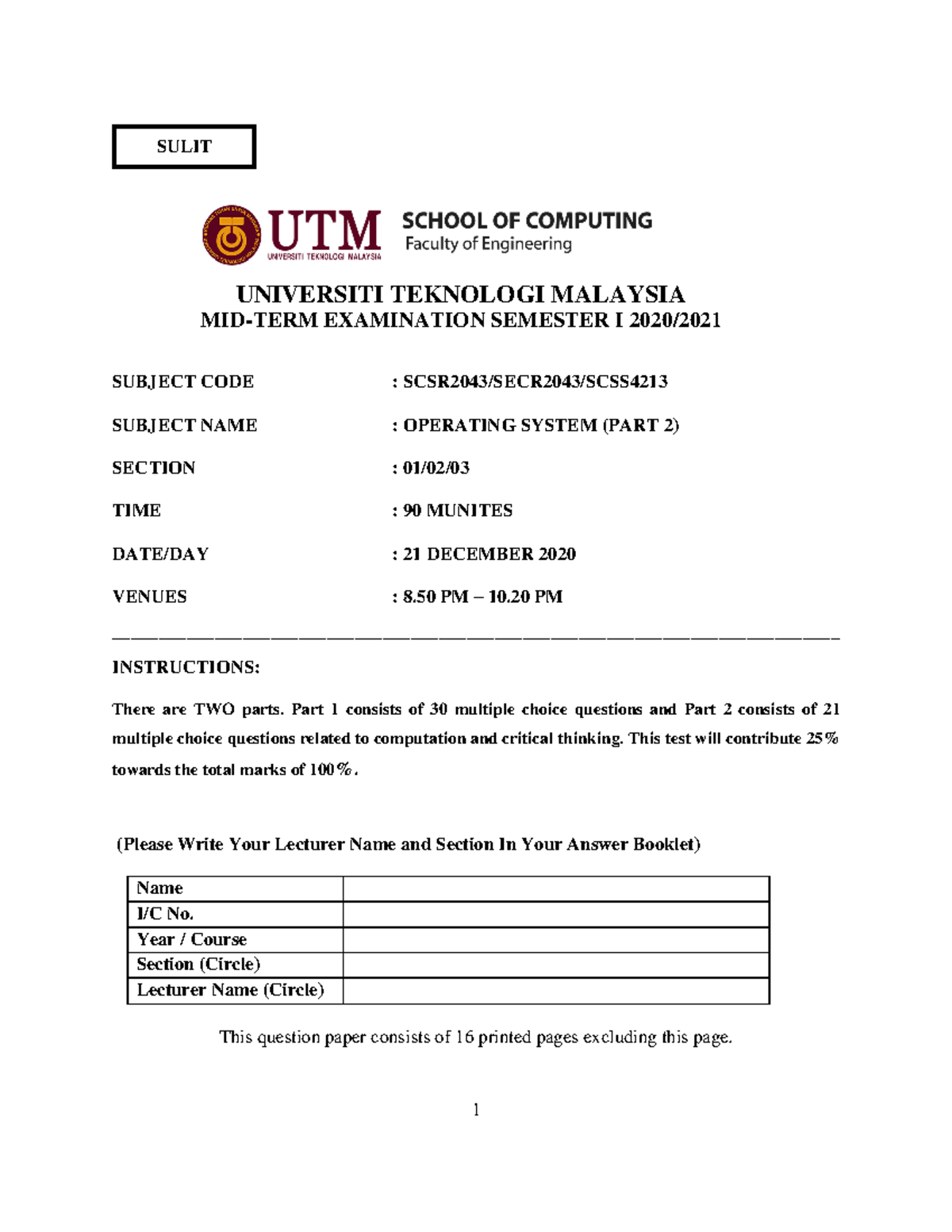 Mid Test Part 2 Set A - test2 file for operating system course utm ...