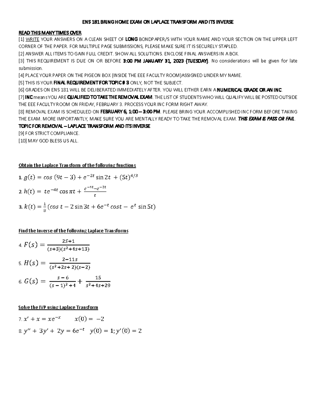 ENS 181 Requirement Laplace - ENS 181 BRING HOME EXAM ON LAPLACE TRANSFORM AND ITS INVERSE READ ...