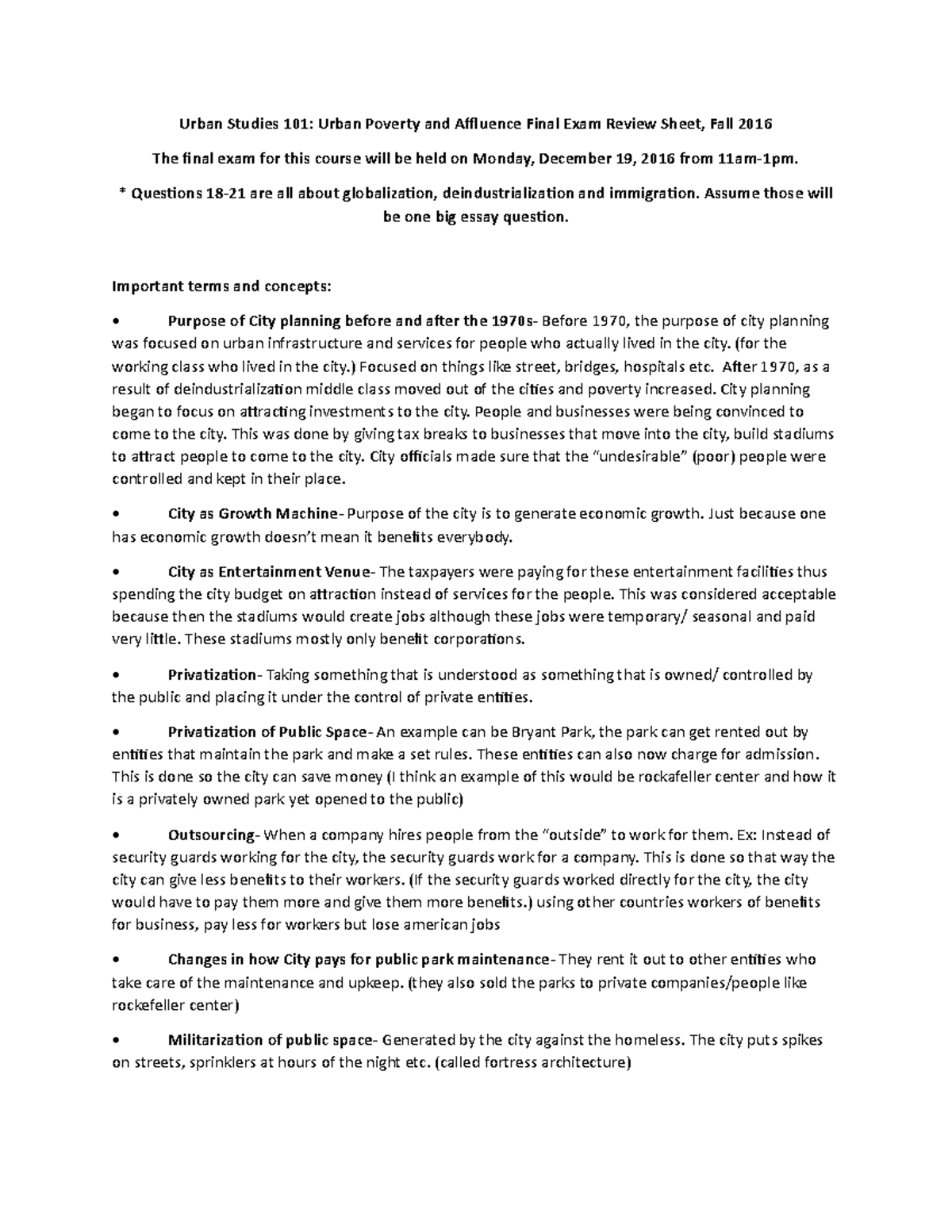 Final Review Sheet Fall 2016 - Urban Studies 101: Urban Poverty and ...