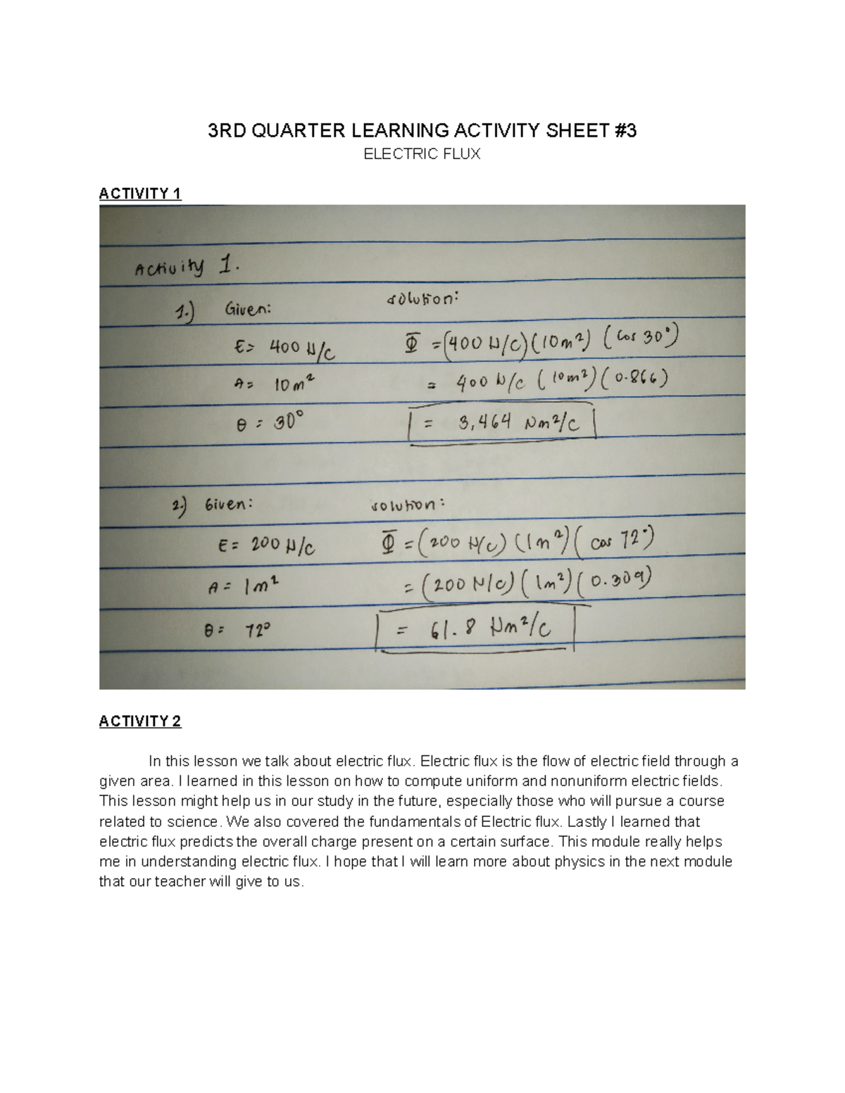 General Physics Electric FLUX - 3RD QUARTER LEARNING ACTIVITY SHEET ...