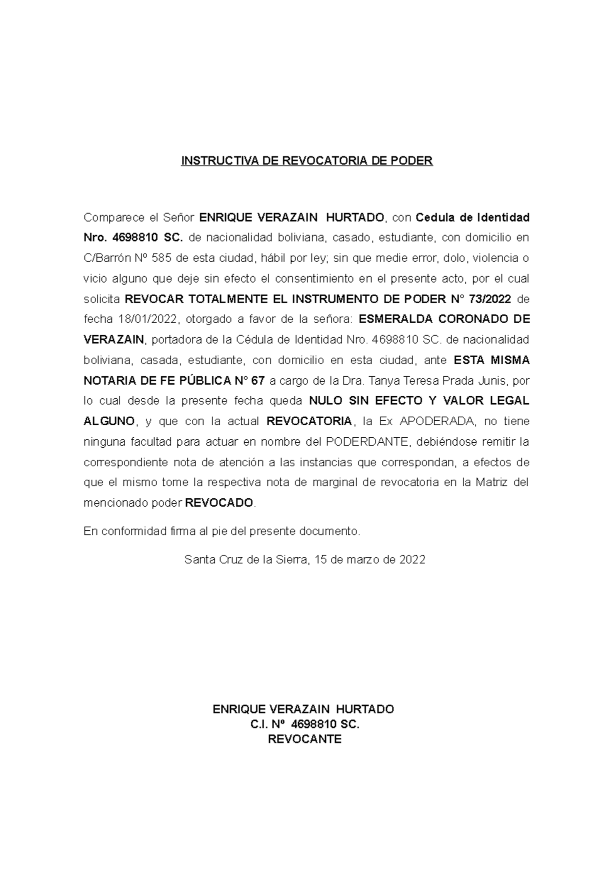 Instructiva DE Revocatoria DE Poder - INSTRUCTIVA DE REVOCATORIA DE ...