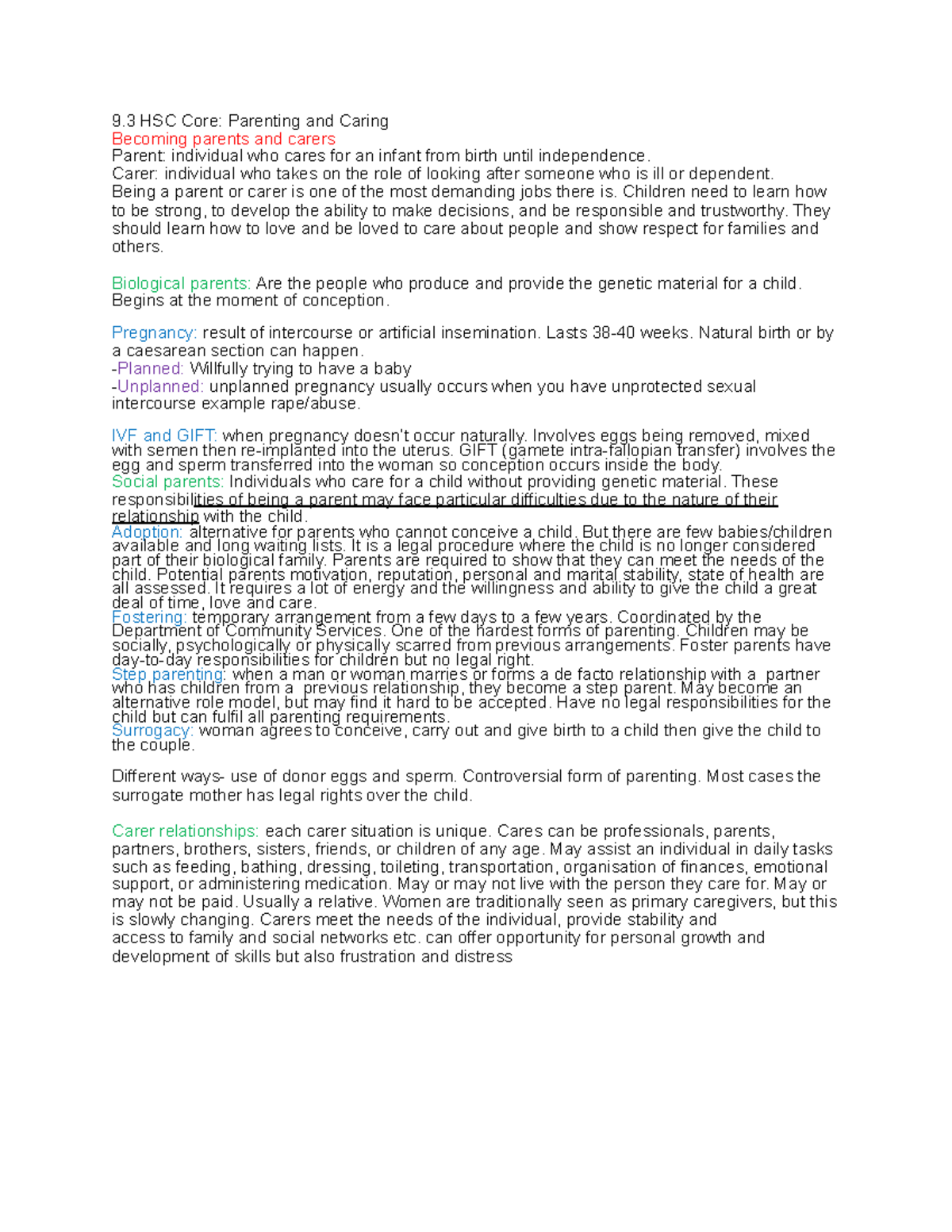 9 - Parenting + Caring Notes - 9 HSC Core: Parenting and Caring ...