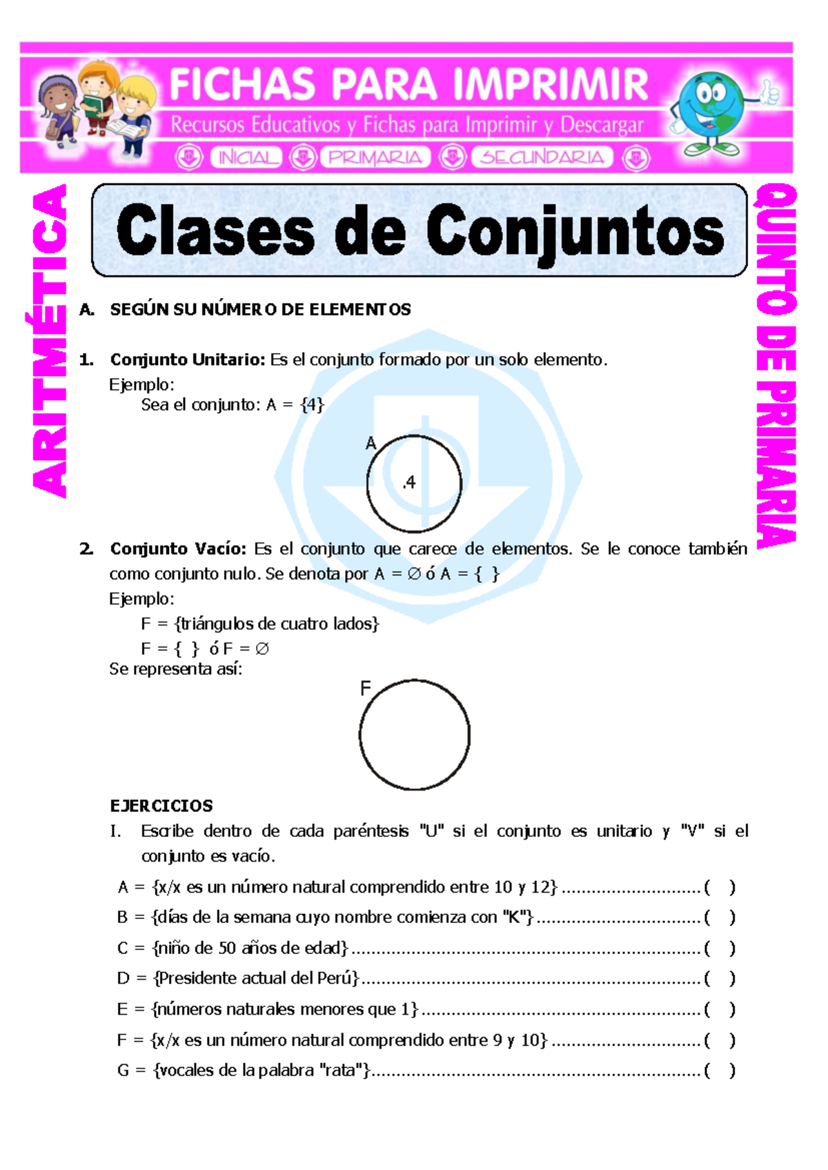 Clases de Conjuntos para Quinto de Primaria - A. SEGÚN SU NÚMERO DE ...