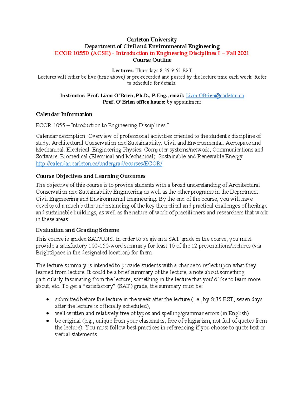 2021 Fall Outline ECOR 1055 D - Carleton University Department of Civil ...