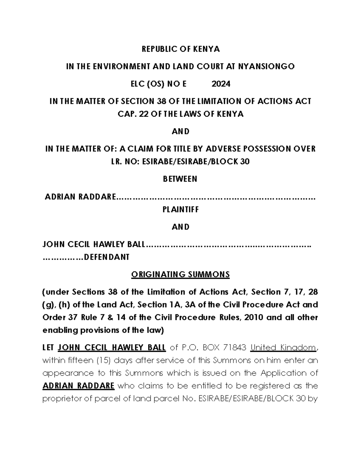 Originating Summons 20-04-2024 - REPUBLIC OF KENYA IN THE ENVIRONMENT AND LAND COURT AT ...