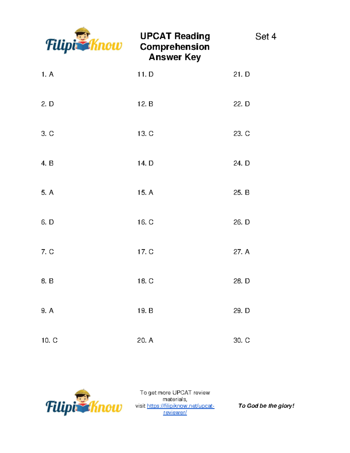Upcat Reading Comprehension Answer Key Set 4 - Bs Nursing - UPCAT ...