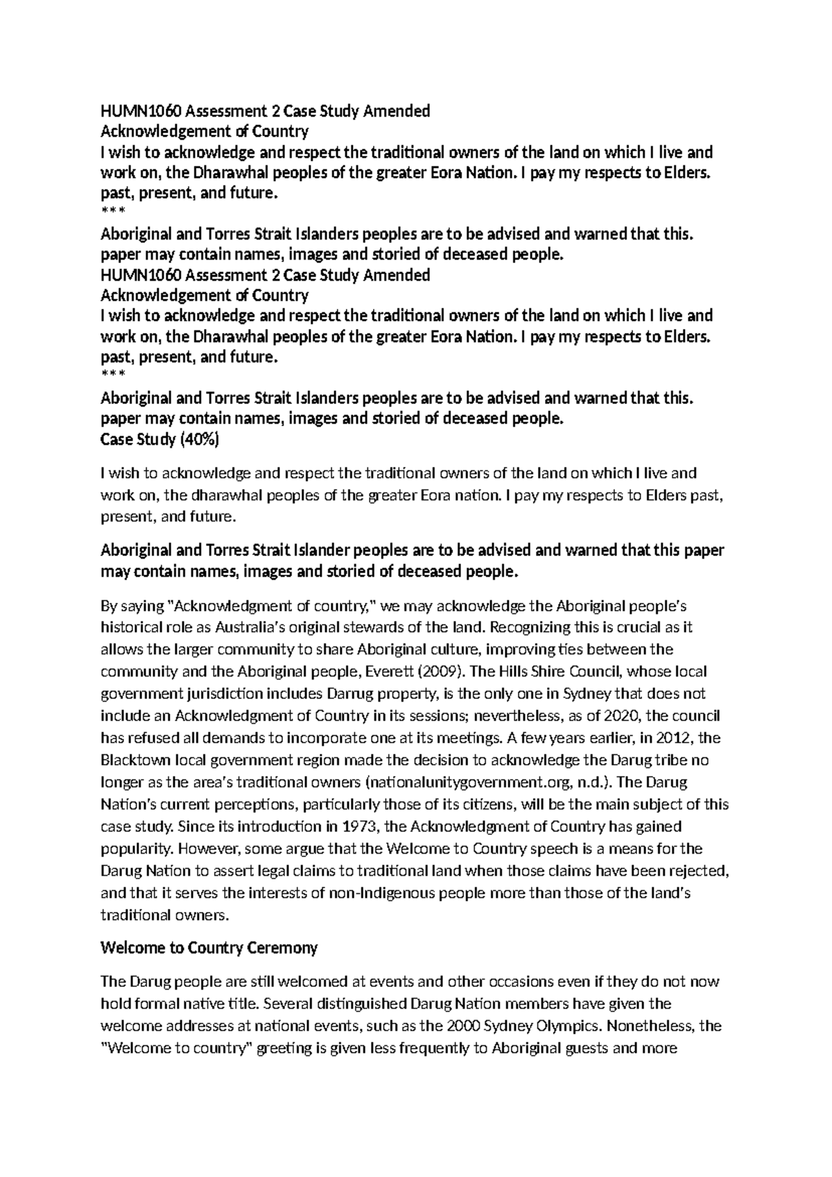 Case study - HUMN1060 Assessment 2 Case Study Amended Acknowledgement ...