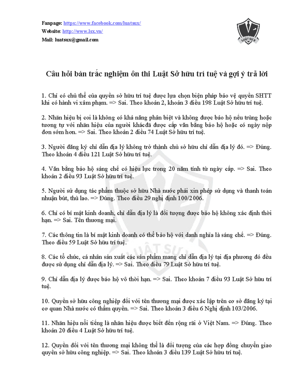 03. Bán trắc nghiệm ôn thi Luật Sở hữu trí tuệ và gợi ý trả lời RV - Chỉ có chủ thể của quyền sở ...