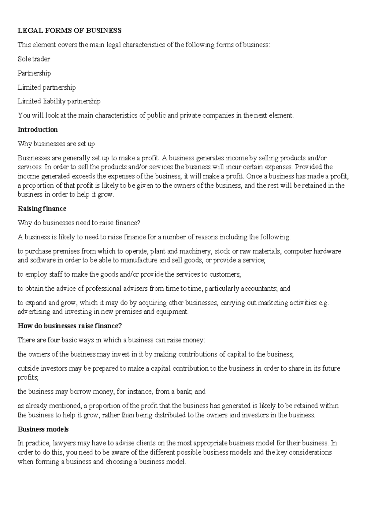 W1 Legal forms of buisness Notes print - LEGAL FORMS OF BUSINESS This ...