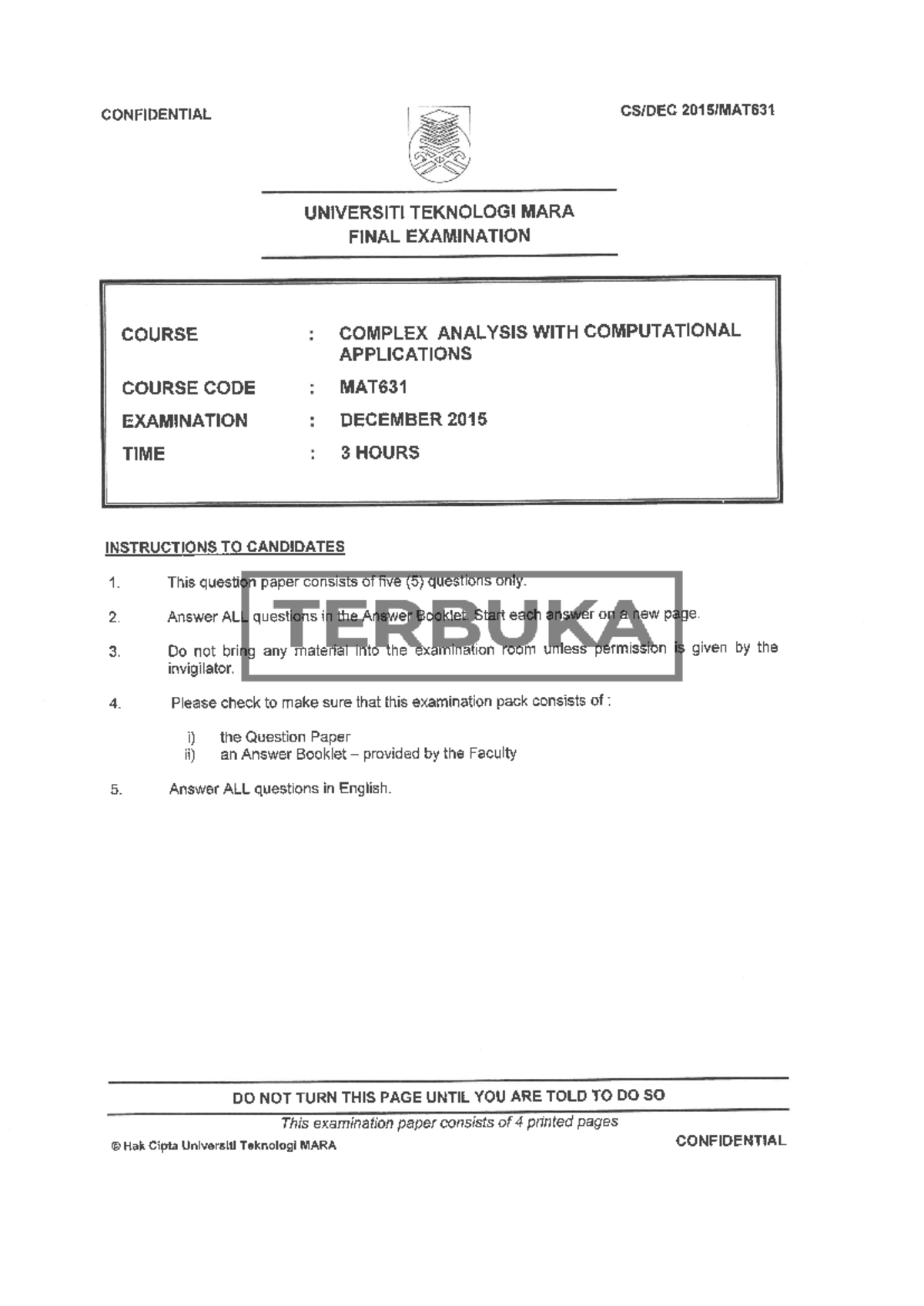 PAST YEAR QUESTION DEC 15 - CONFIDENTIAL UNIVERSITI TEKNOLOGI MARA FINAL EXAMINATION COURSE ...