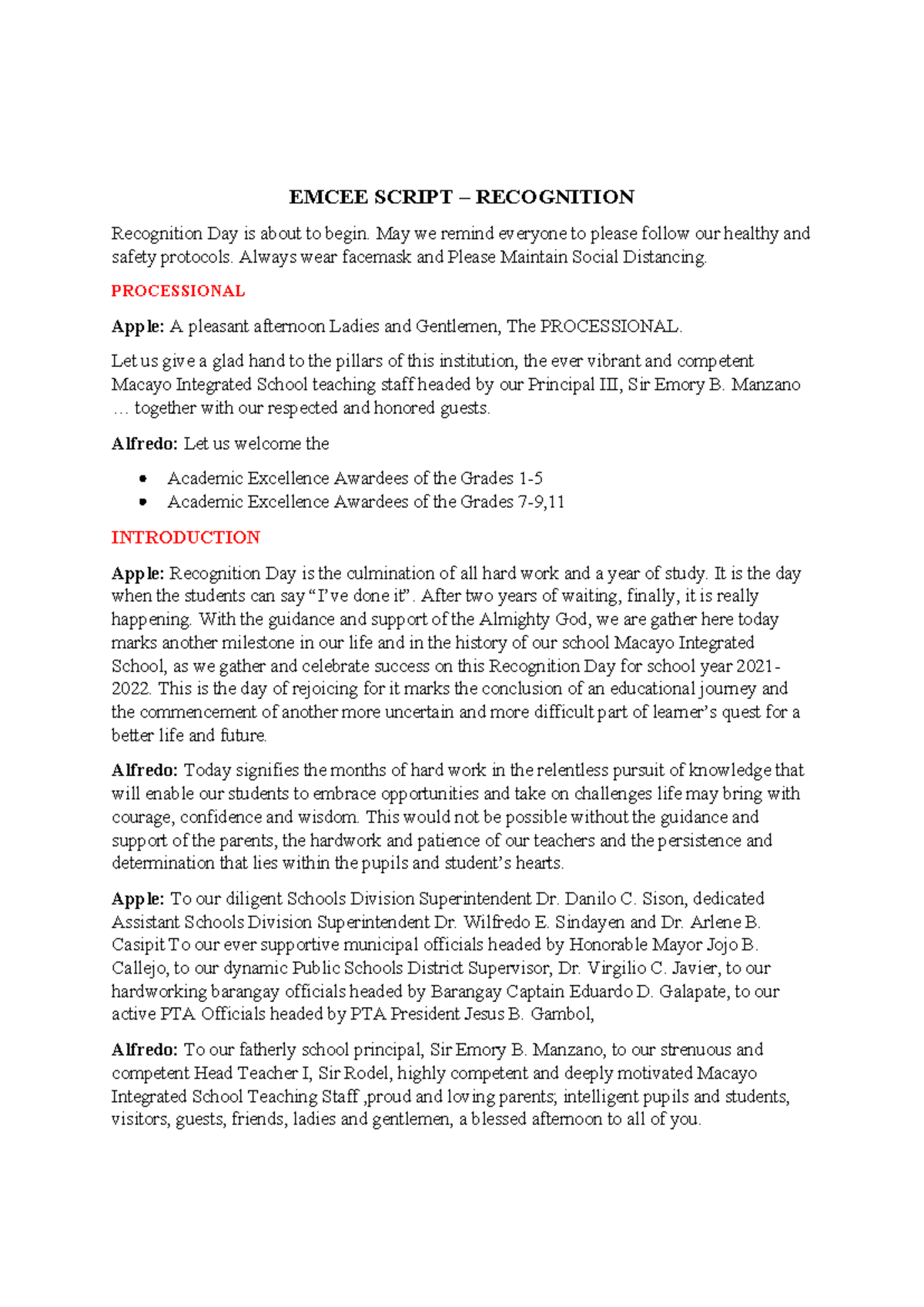 Emcee- Script-recognition - EMCEE SCRIPT – RECOGNITION Recognition Day ...