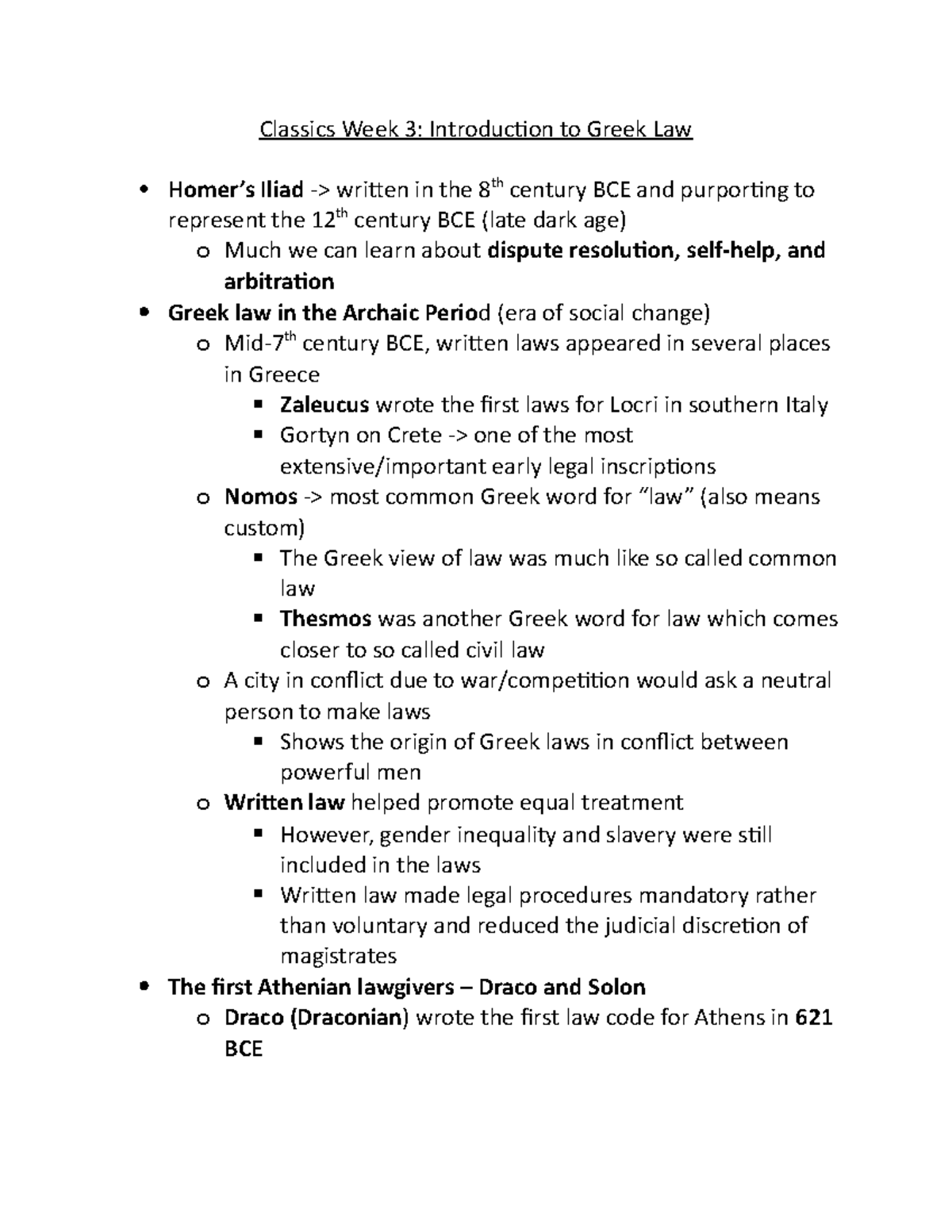 Classics Week 3 Intro to Greek Law - Classics Week 3: Introduction to ...