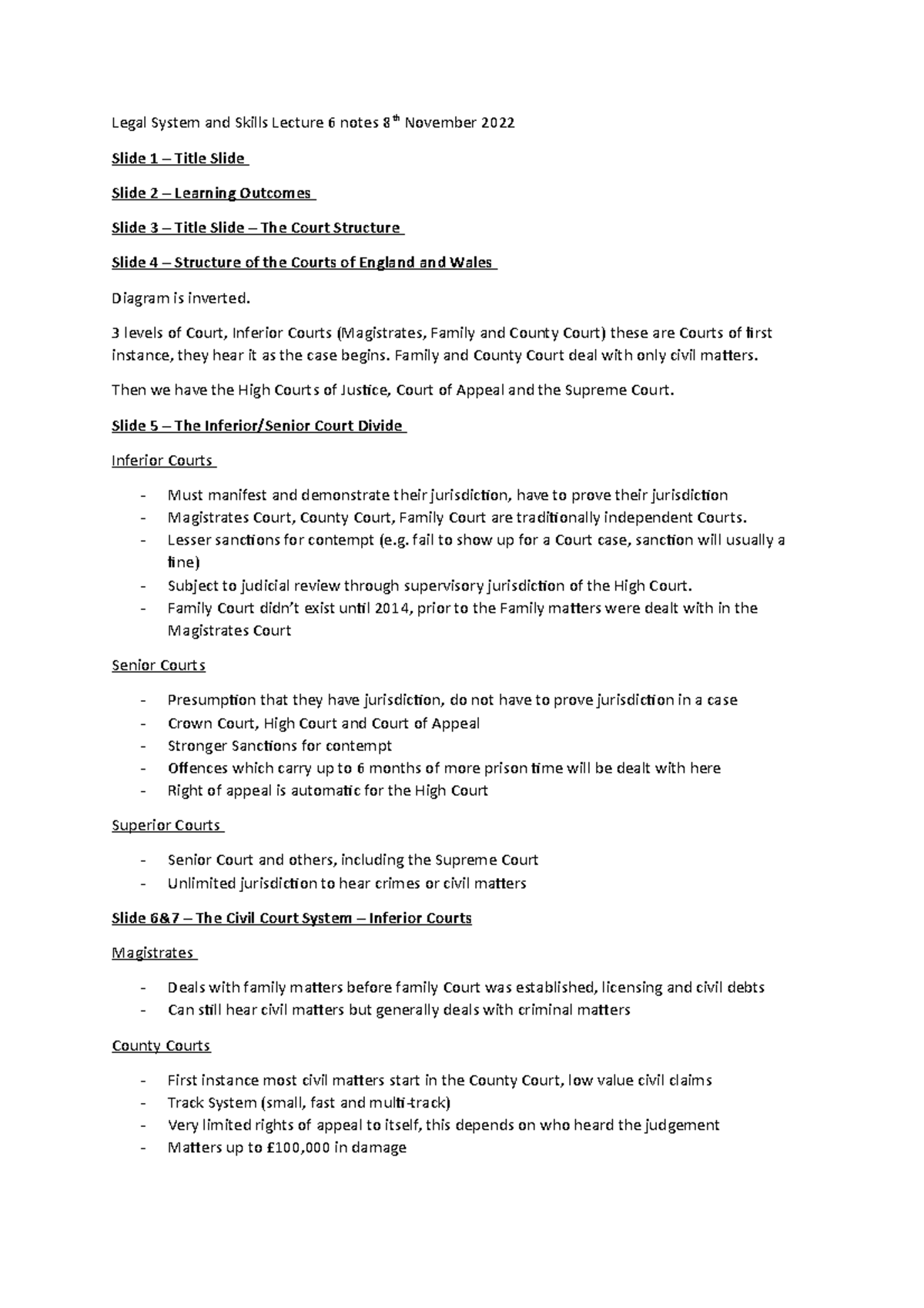 Legal System and Skills Lecture 6 notes - 3 levels of Court, Inferior ...