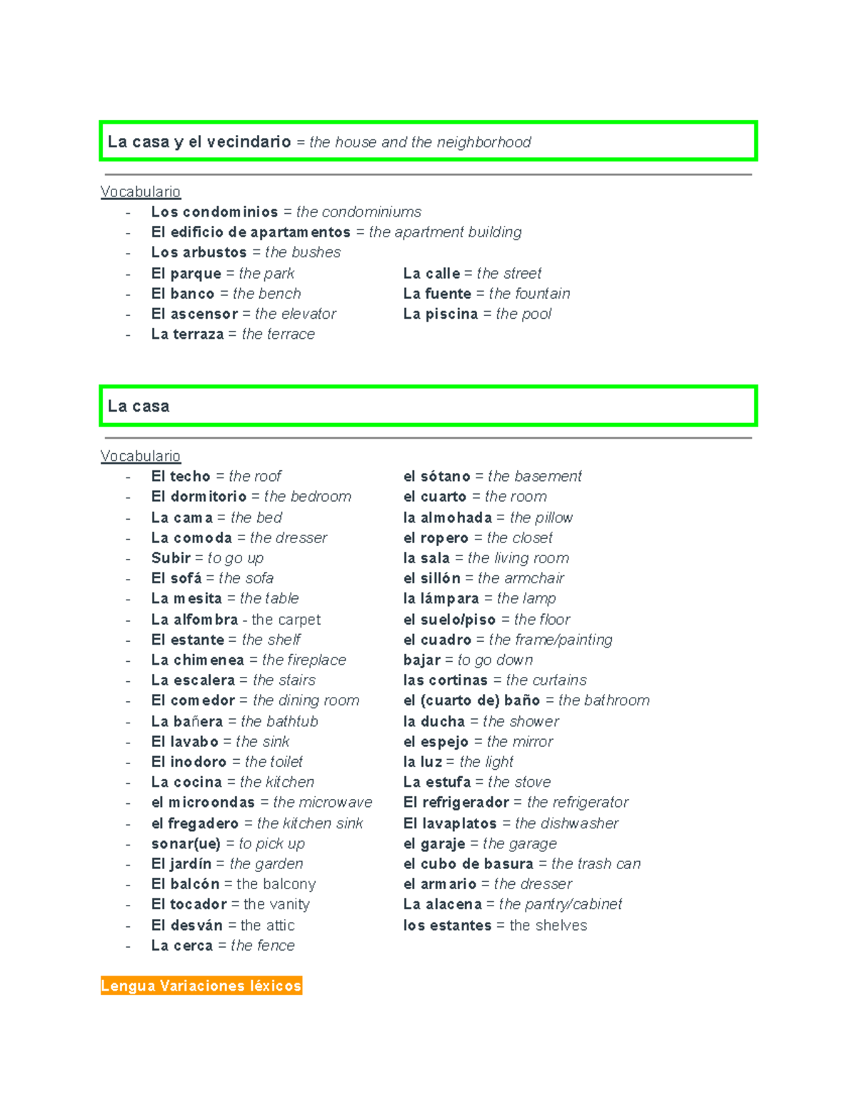 Vocabulario El vecinadario, la casa y los cuartos - La casa y el ...