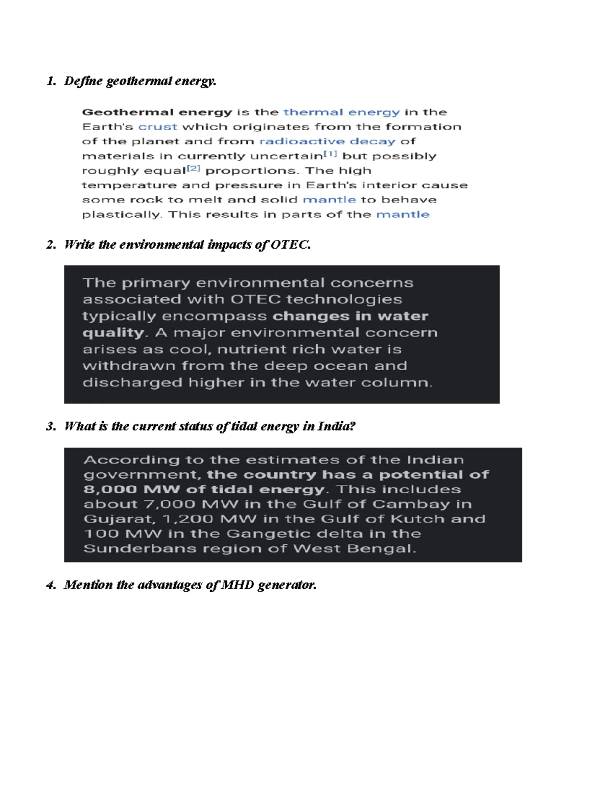 CIE - 3 - QB - simple questions - 1. Define geothermal energy. 2. Write ...