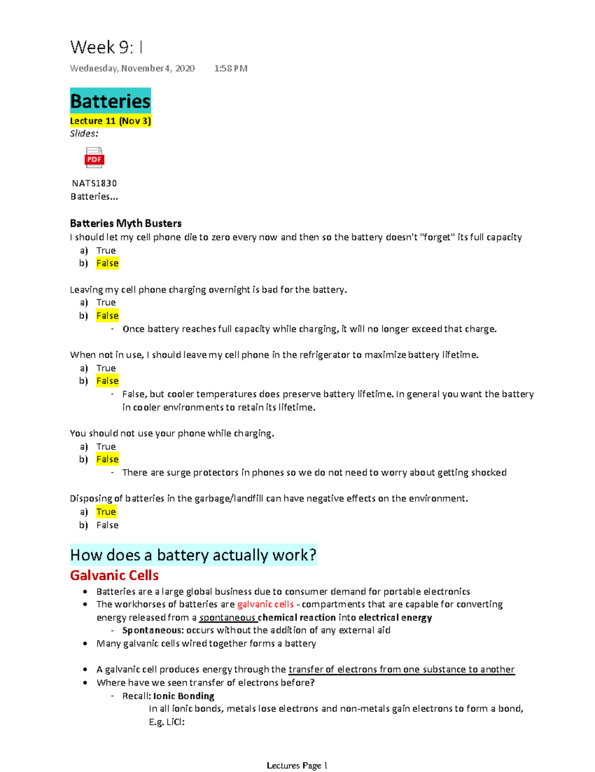 Week 9 I - Lecture notes 11 - Batteries Lecture 11 (Nov 3) Slides: NATS ...