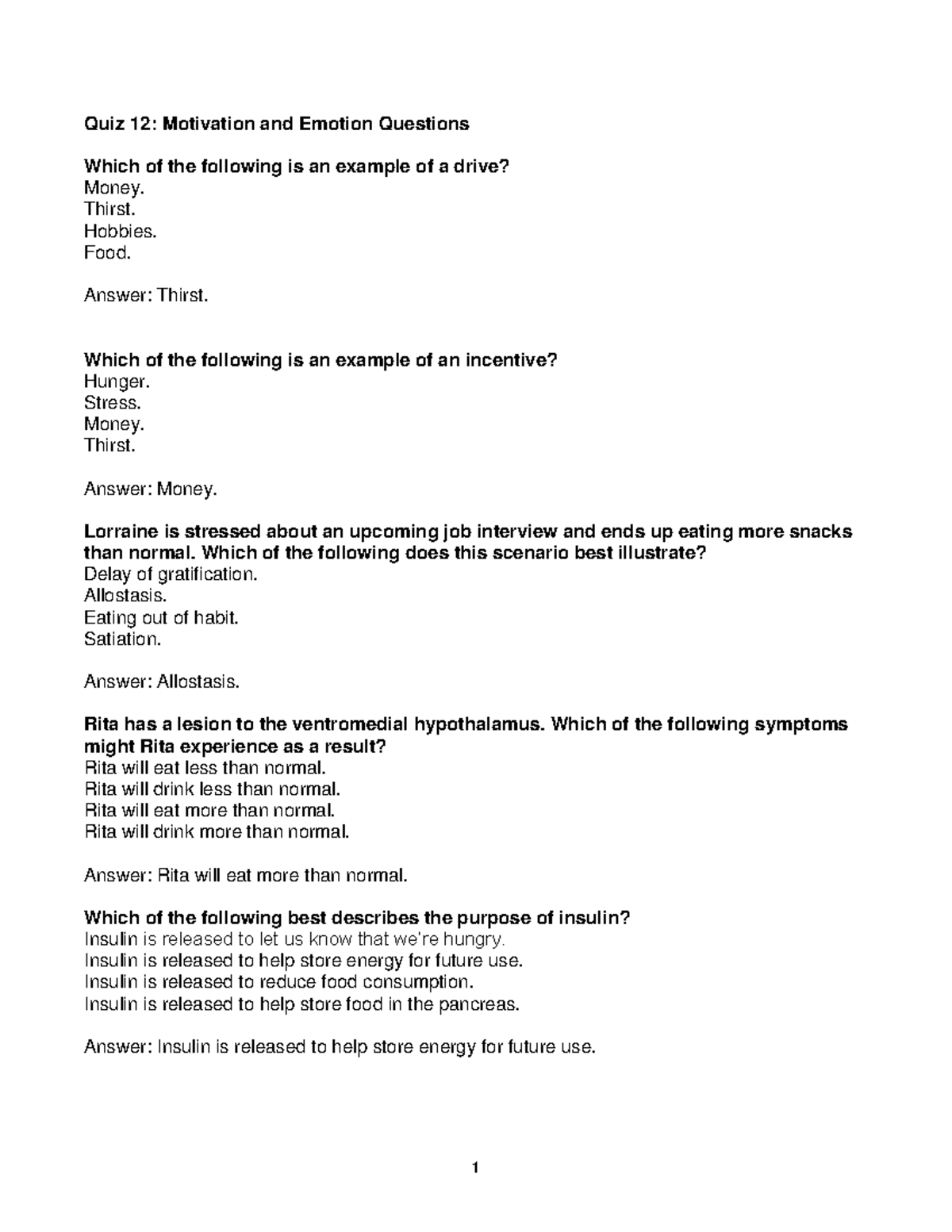 Quiz 12 Motivation and Emotion - 1 Quiz 12: Motivation and Emotion ...