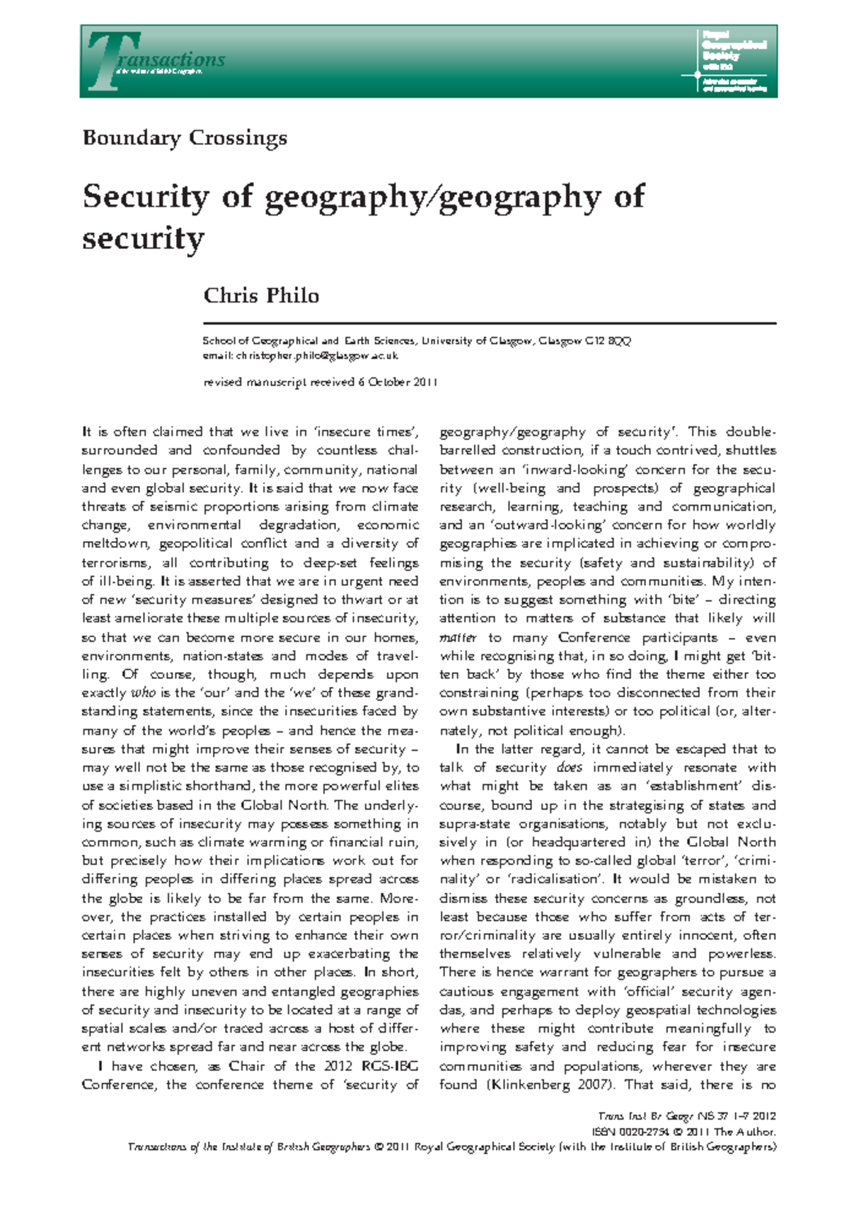 Security of geography geography of security - Boundary Crossings ...