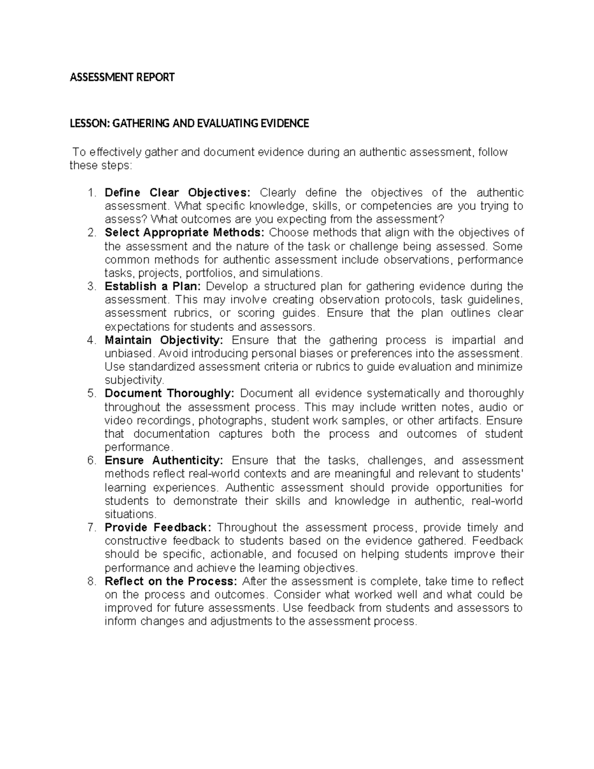 Assessment REFLECTION PAPER - ASSESSMENT REPORT LESSON: GATHERING AND ...
