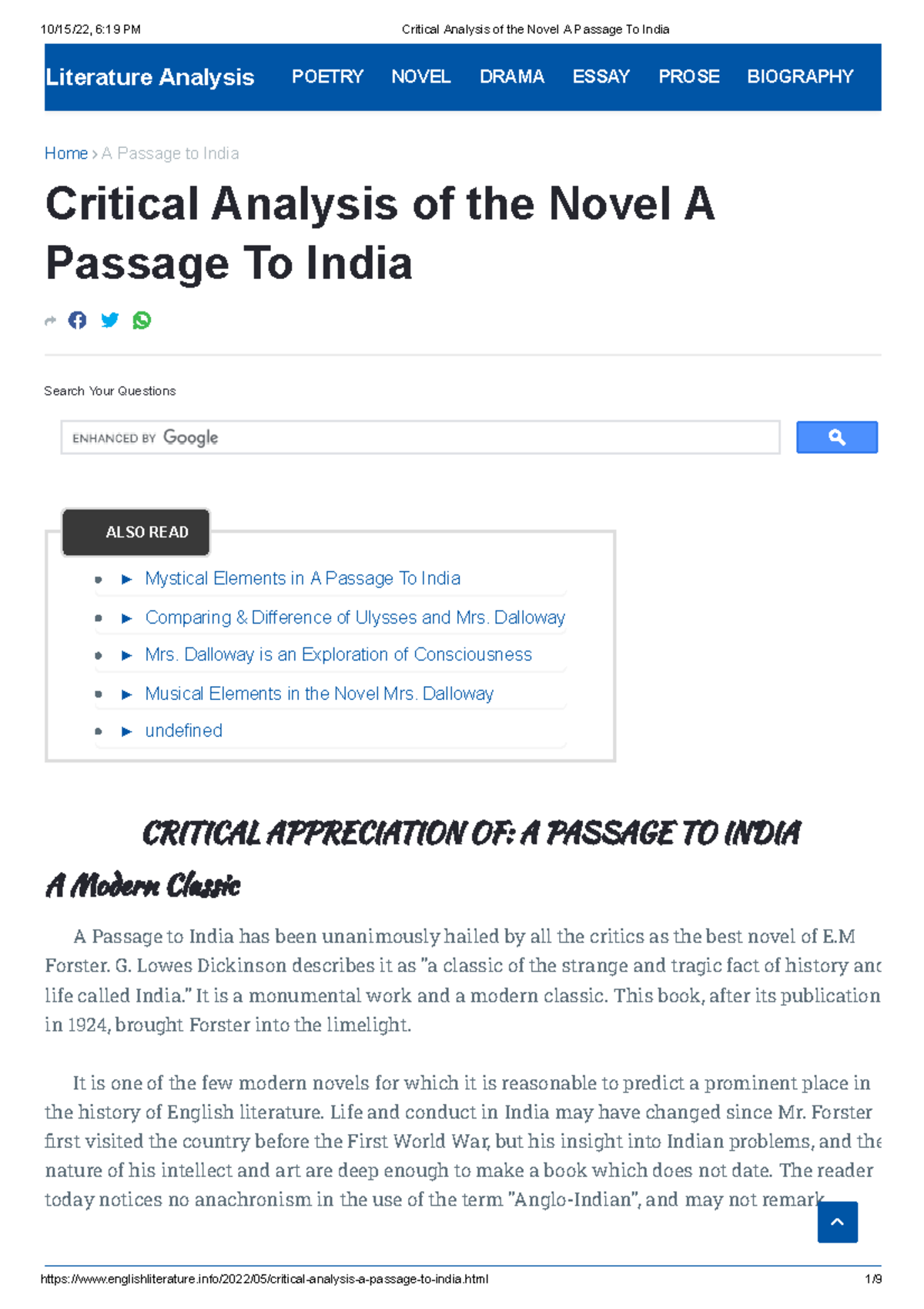Critical Analysis of the Novel A Passage To India - Home A Passage to ...