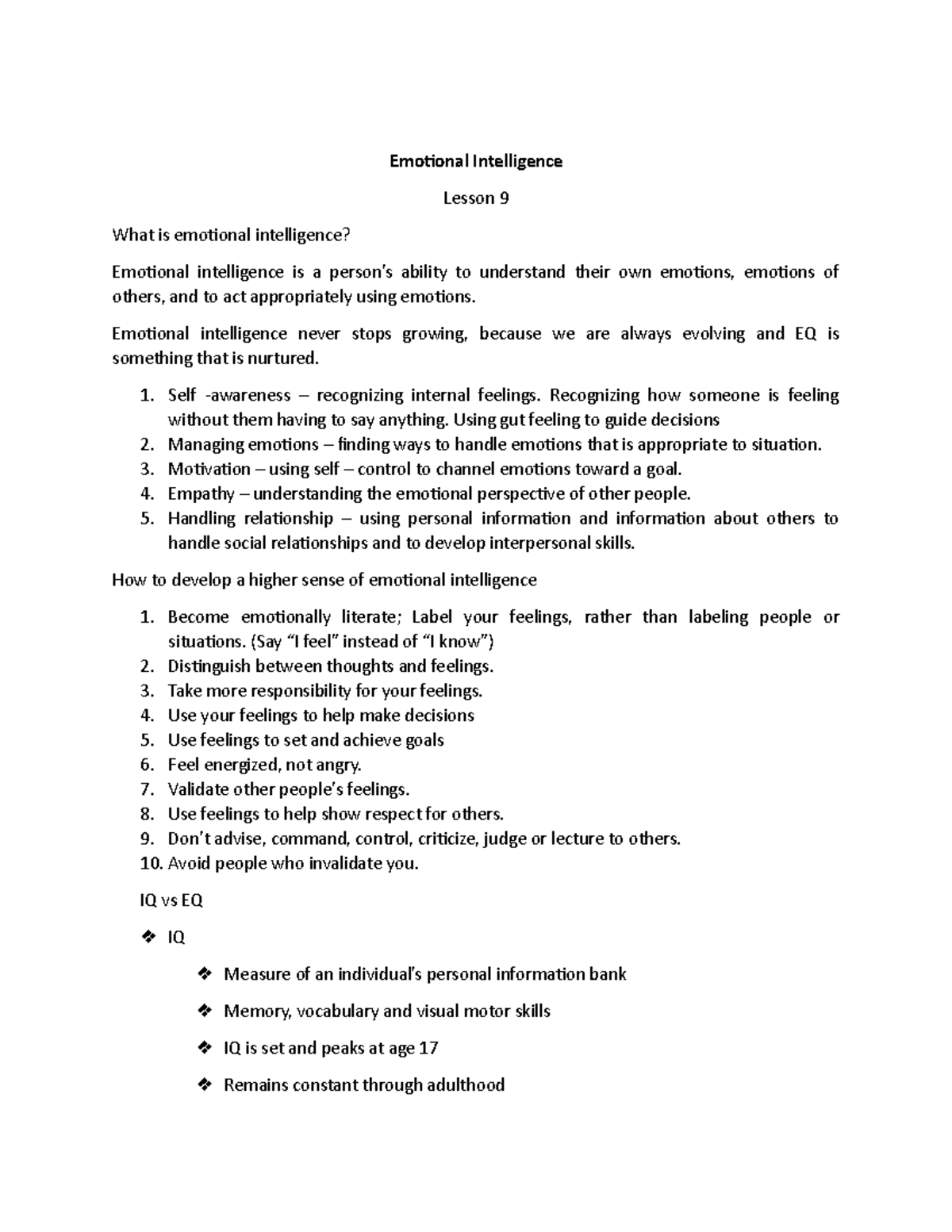 Lesson 9 - notes - Emotional Intelligence Lesson 9 What is emotional ...