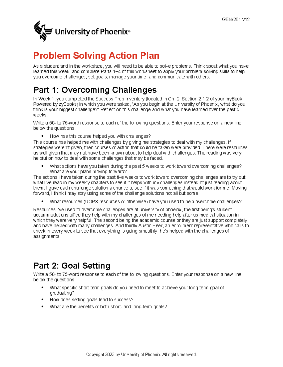 Gen201 v12 wk5 problem solving action plan - GEN/201 v Problem Solving ...